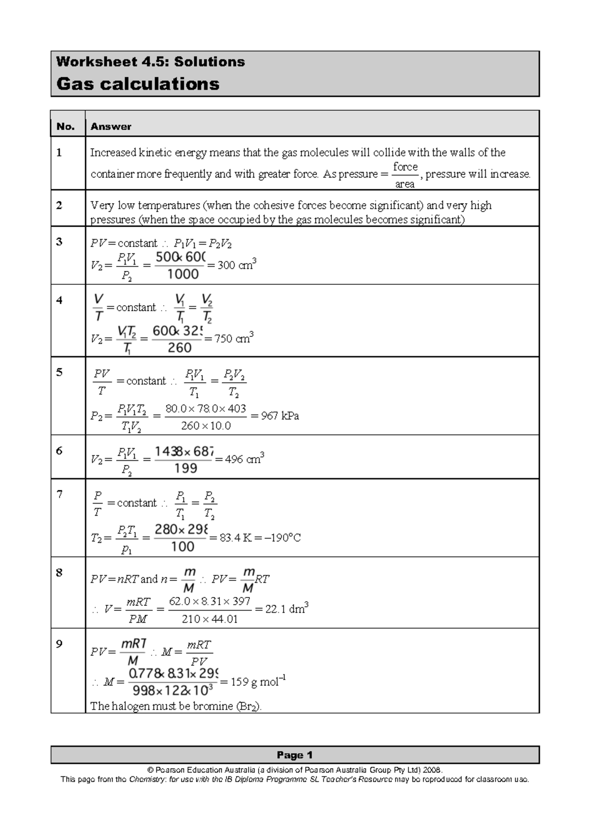 Gas Calculations solutions - Worksheet 4: Solutions Gas calculations ...