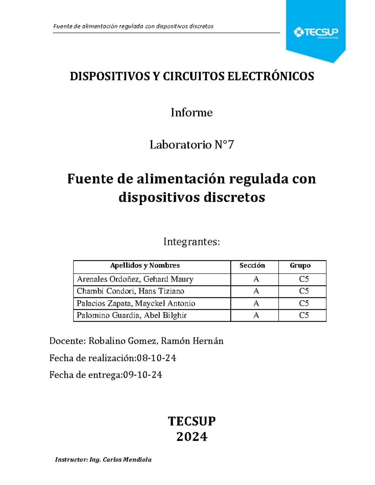 Laboratorio N7 Dispositivos Y Circuitos Electrónicos - Instructor: Ing. Carlos Mendiola ...
