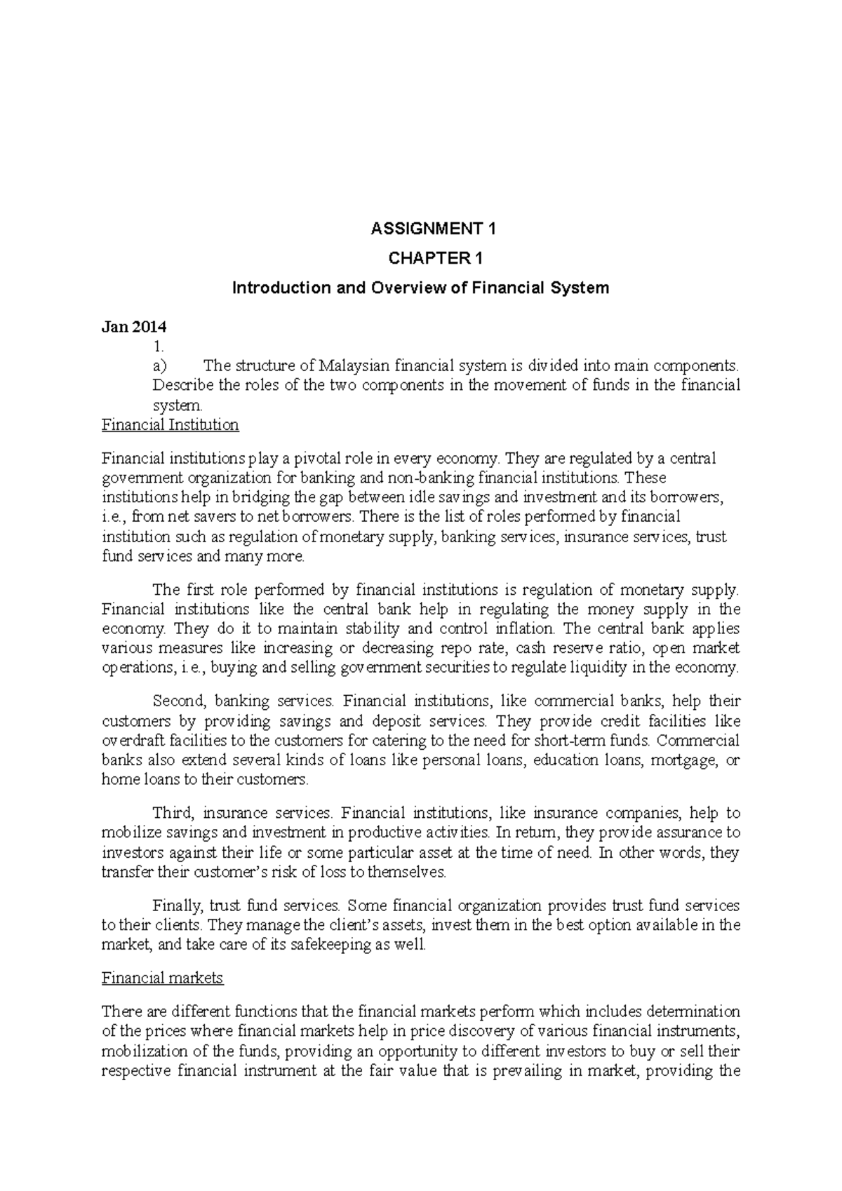 ASG Chapter 1 FIN435 - ASSIGNMENT 1 CHAPTER 1 Introduction and Overview of Financial System Jan ...