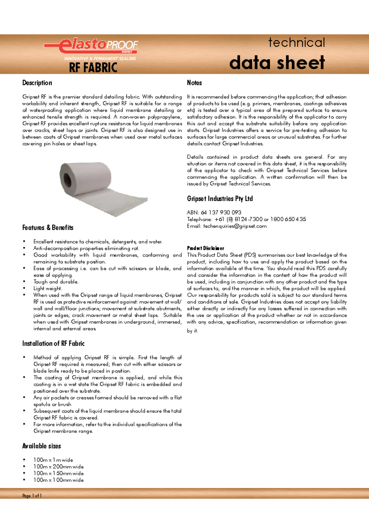 Water Proofing RF Fabric - technical data sheet Description Gripset RF ...
