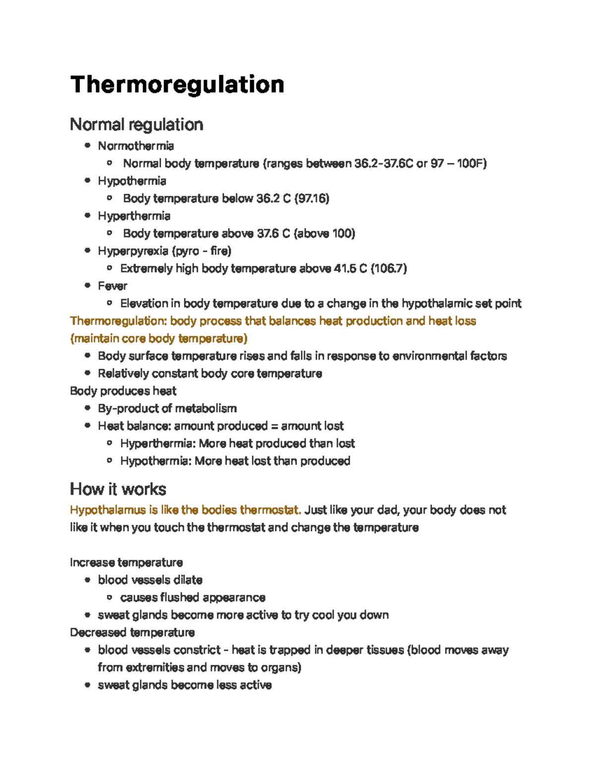 Thermoregulation - covers thermoreg - T h e r m o re g u l a t i o n Normal regulation - Studocu