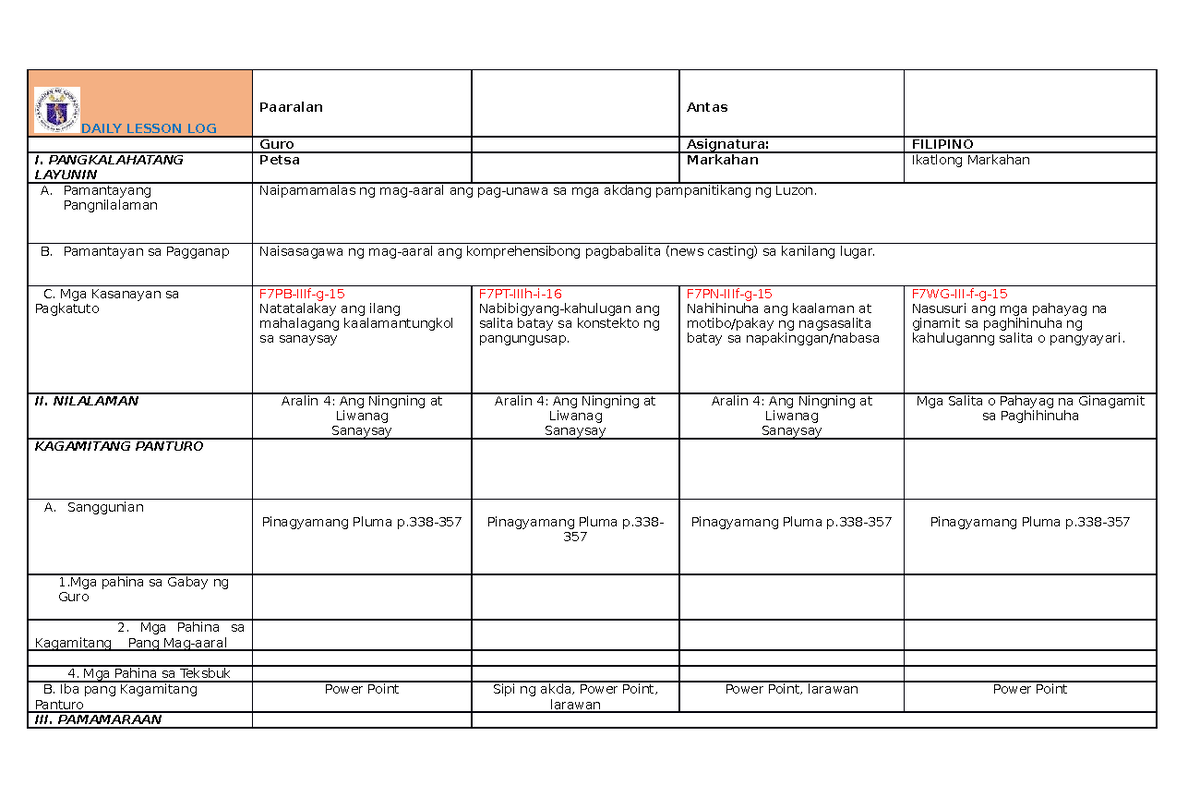 Aralin 3. 4 - activity sheet - DAILY LESSON LOG Paaralan Antas Guro ...