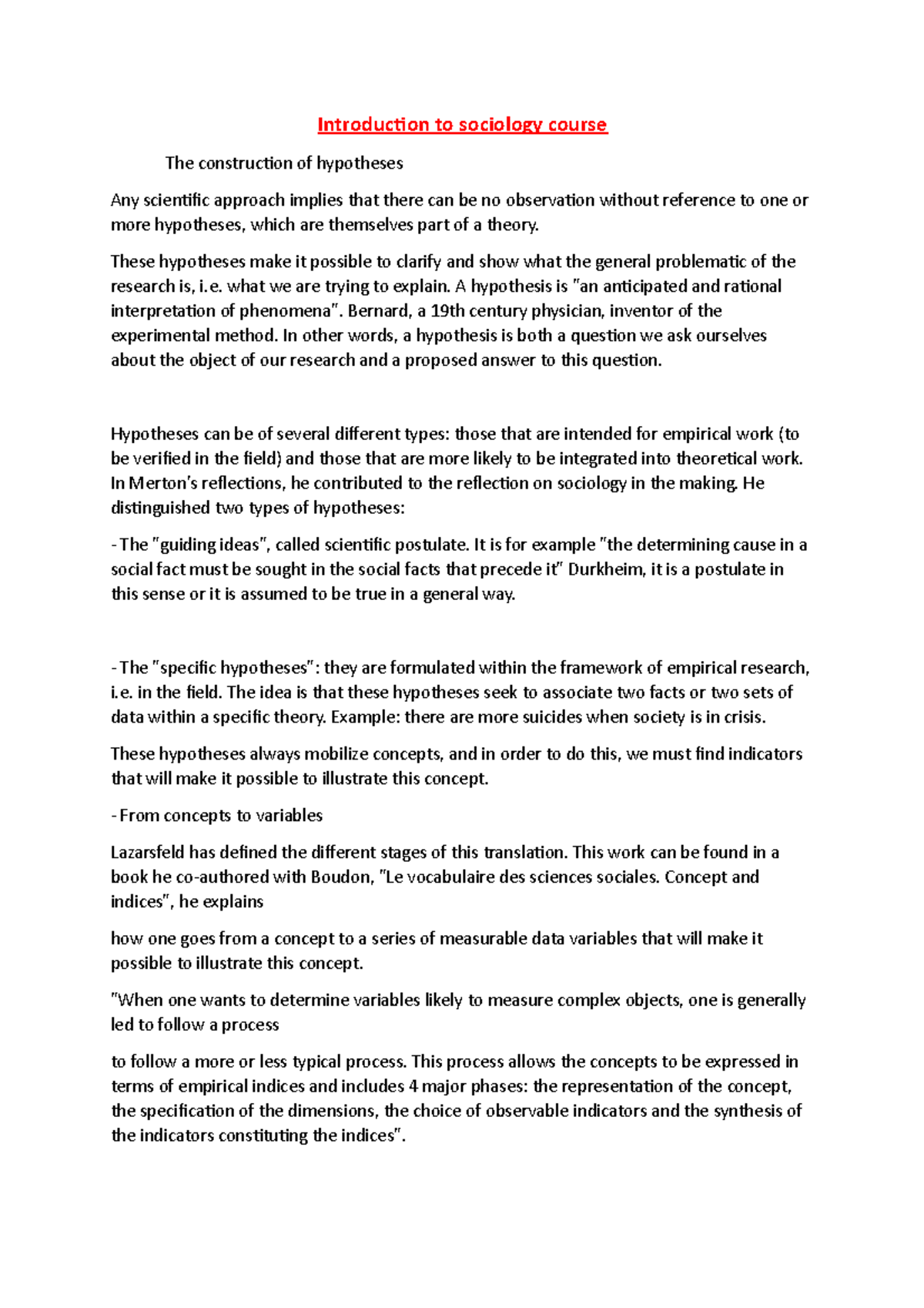 Introduction to sociology 19 - These hypotheses make it possible to ...