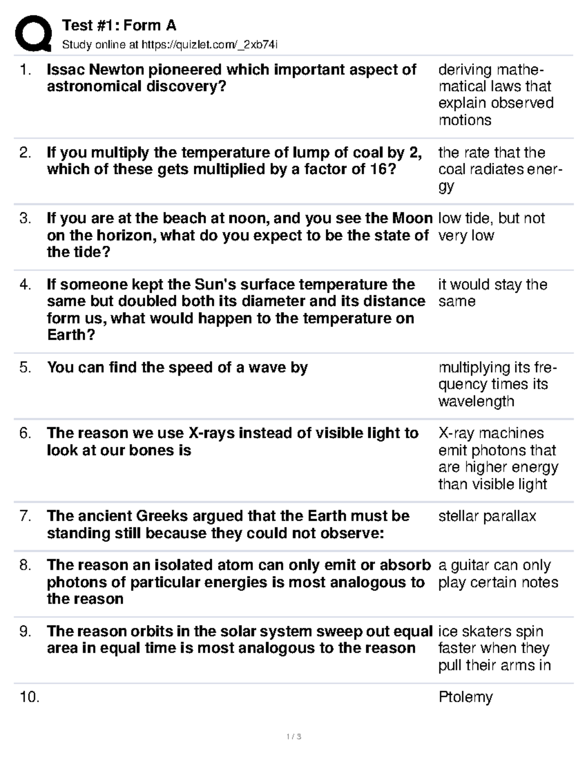 Stars test 1 - study guide and notes - Test #1: Form A Study online at ...