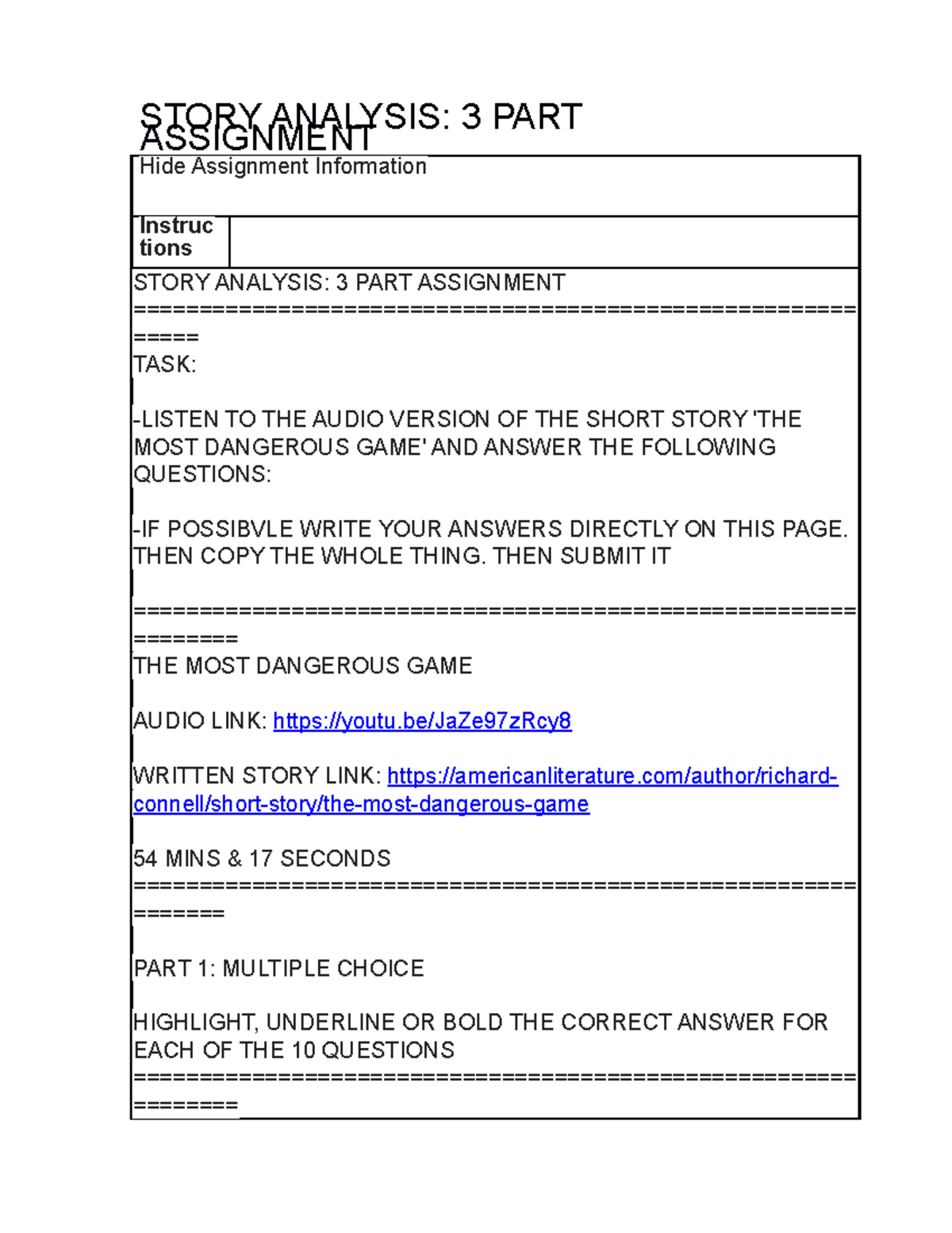 Untitled document summary - STORY ANALYSIS: 3 PART ASSIGNMENT Hide ...