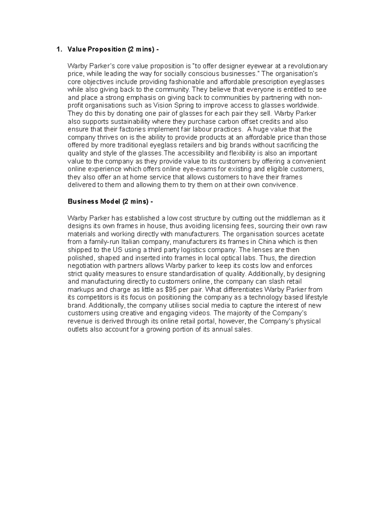 Value Proposition - Speech - 1. Value Proposition (2 mins) - Warby ...