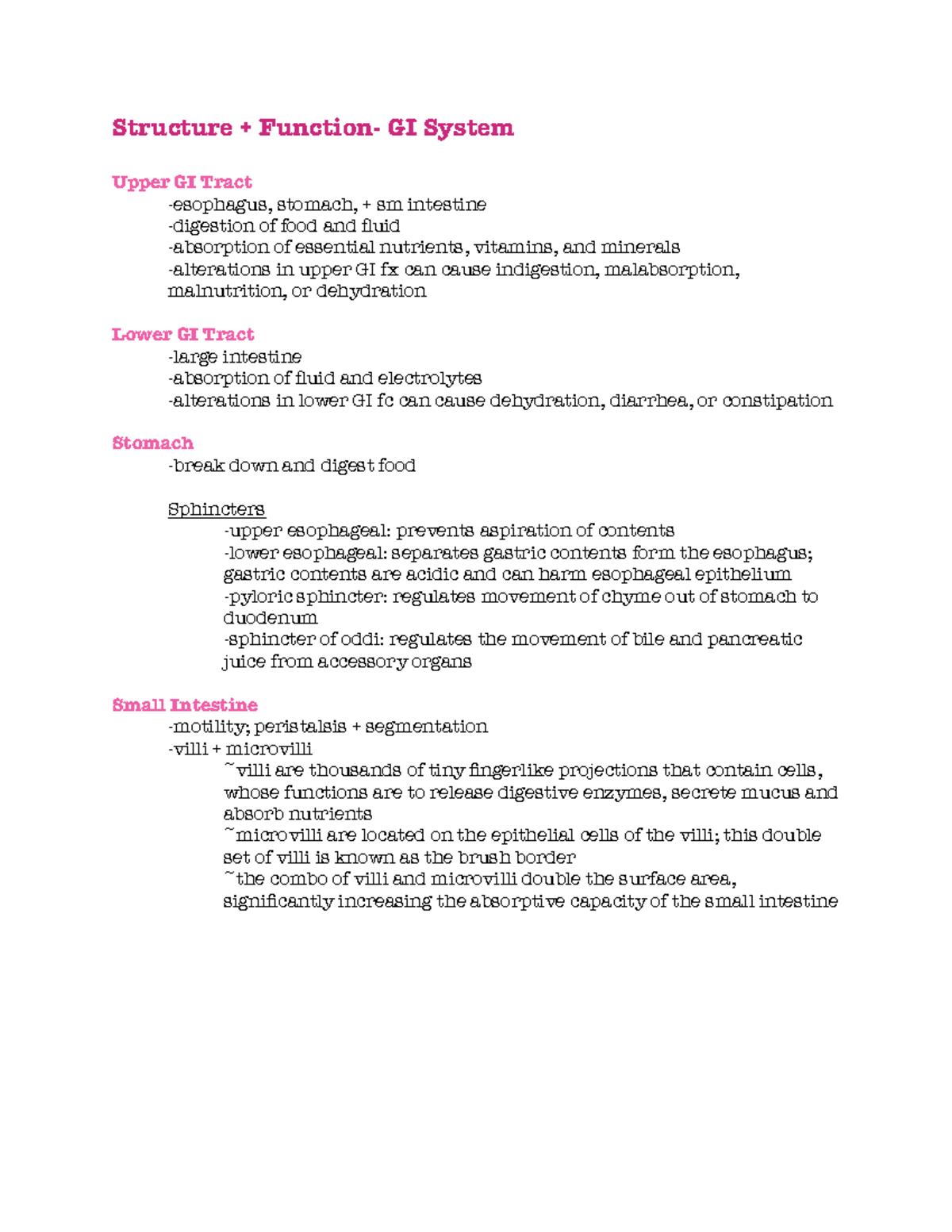 GI System Lecture Notes - Structure + Function- GI System Upper GI ...