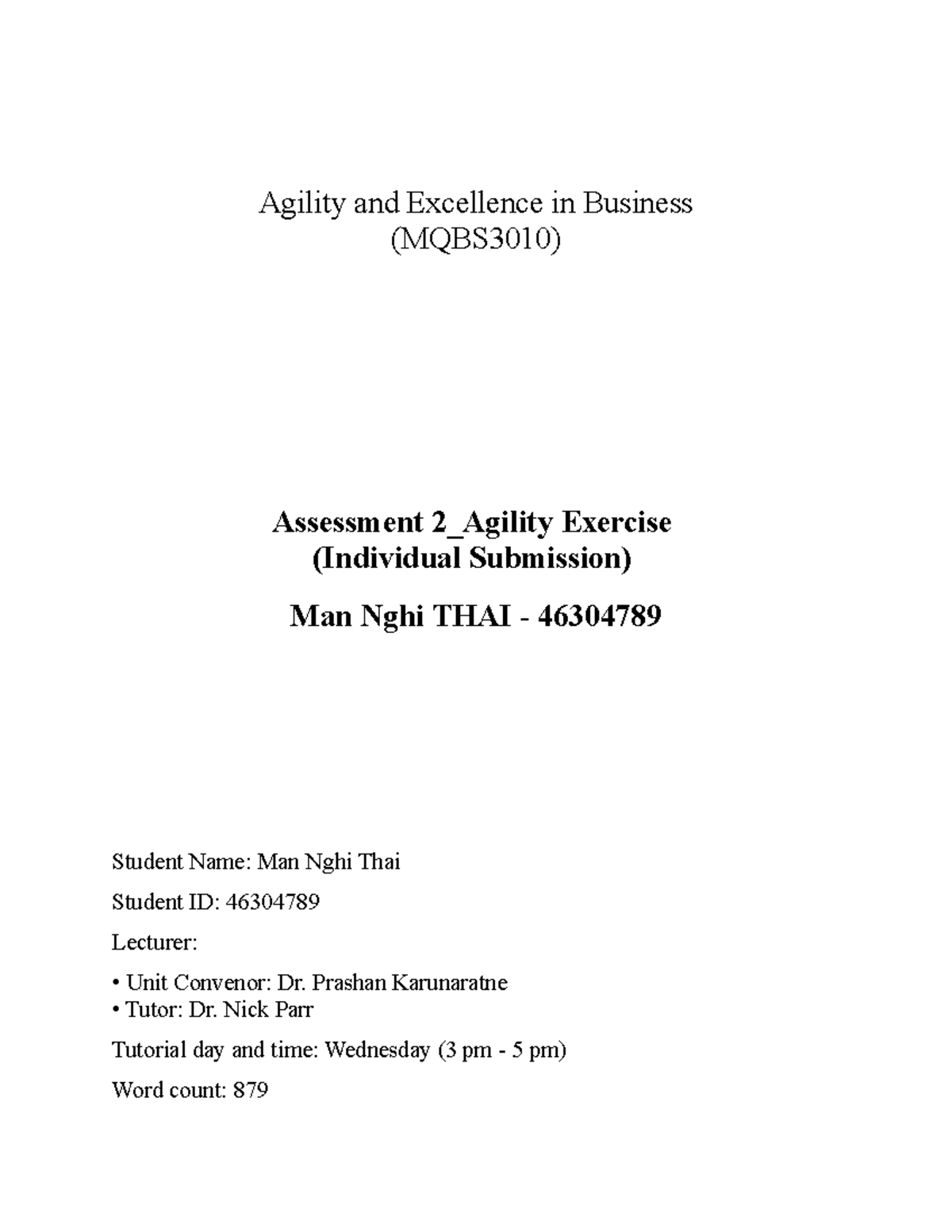 Agillity Exercise - Agility and Excellence in Business (MQBS3010 ...