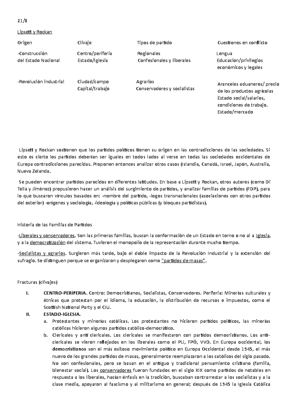 Teórico Lipset Y Rokkan Jimenez - 21/ Lipsett y Rockan Origen Clivaje ...