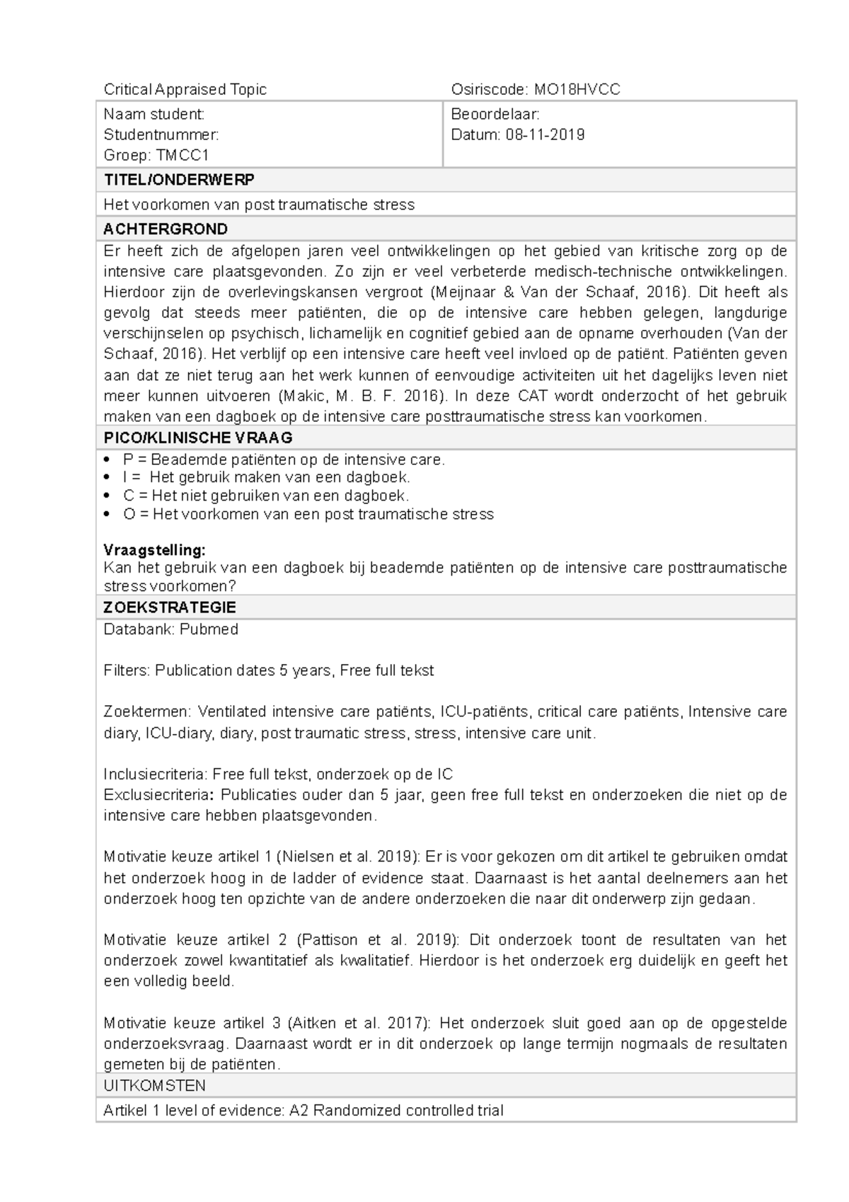 CAT - CAT critical care - Critical Appraised Topic Osiriscode: MO18HVCC ...