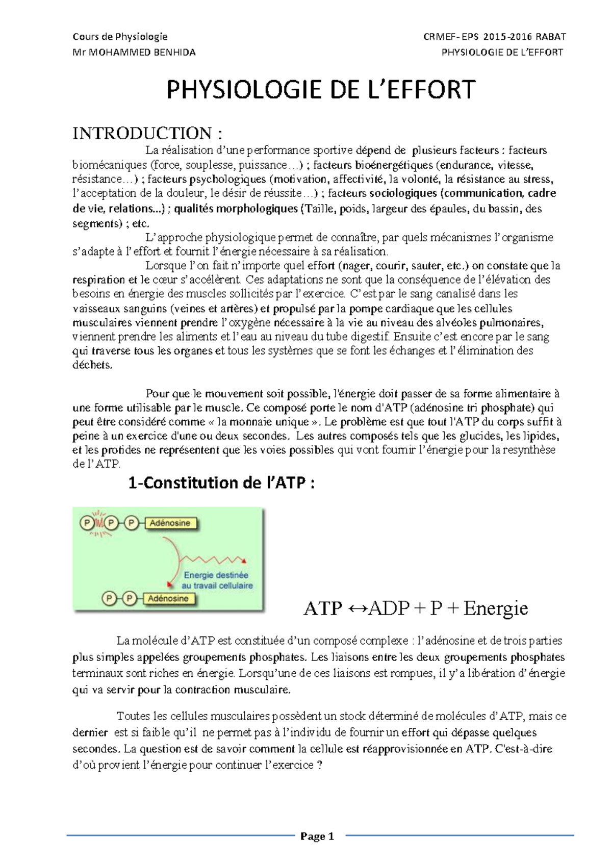Cours de physiologie de l'effort - Mr MOHAMMED BENHIDA PHYSIOLOGIE DE L’EFFORT PHYSIOLOGIE DE ...