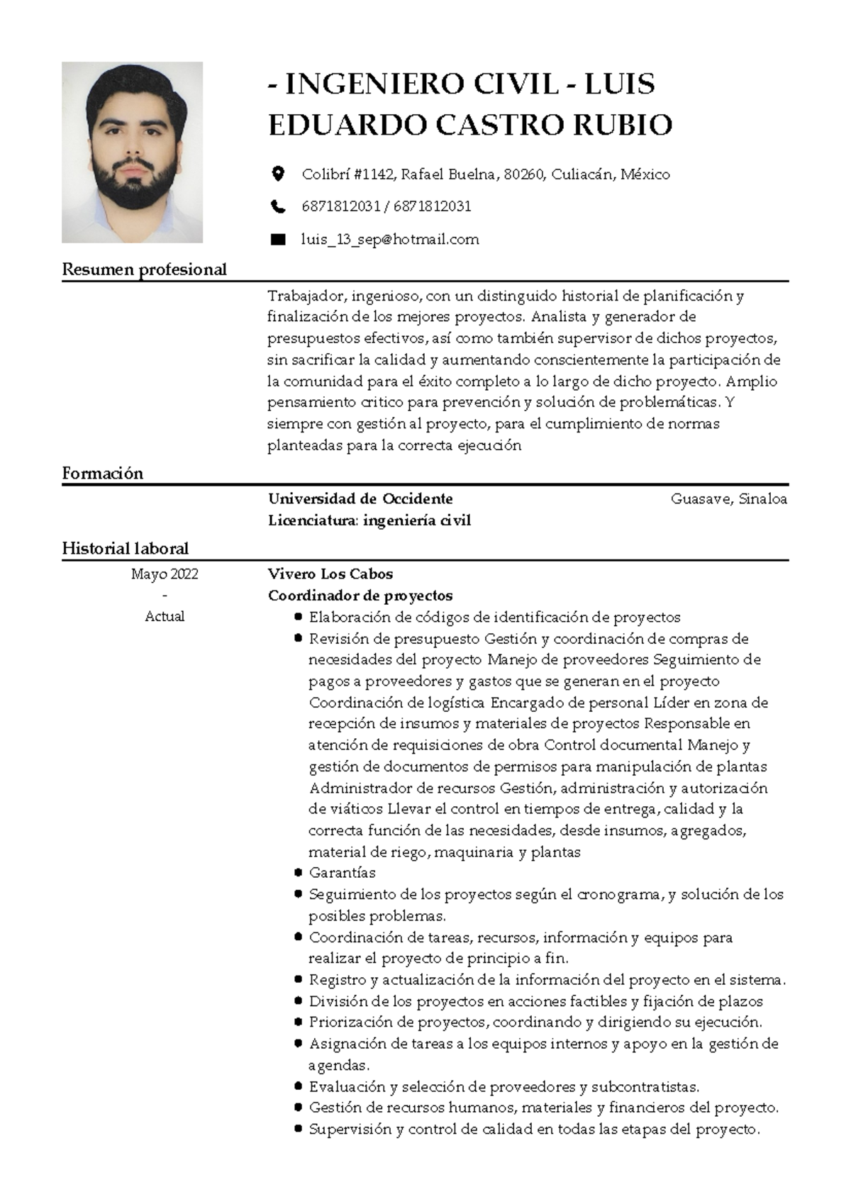 CV ing Luis Eduardo Castro Rubio - Resumen profesional Formación Historial laboral - INGENIERO ...
