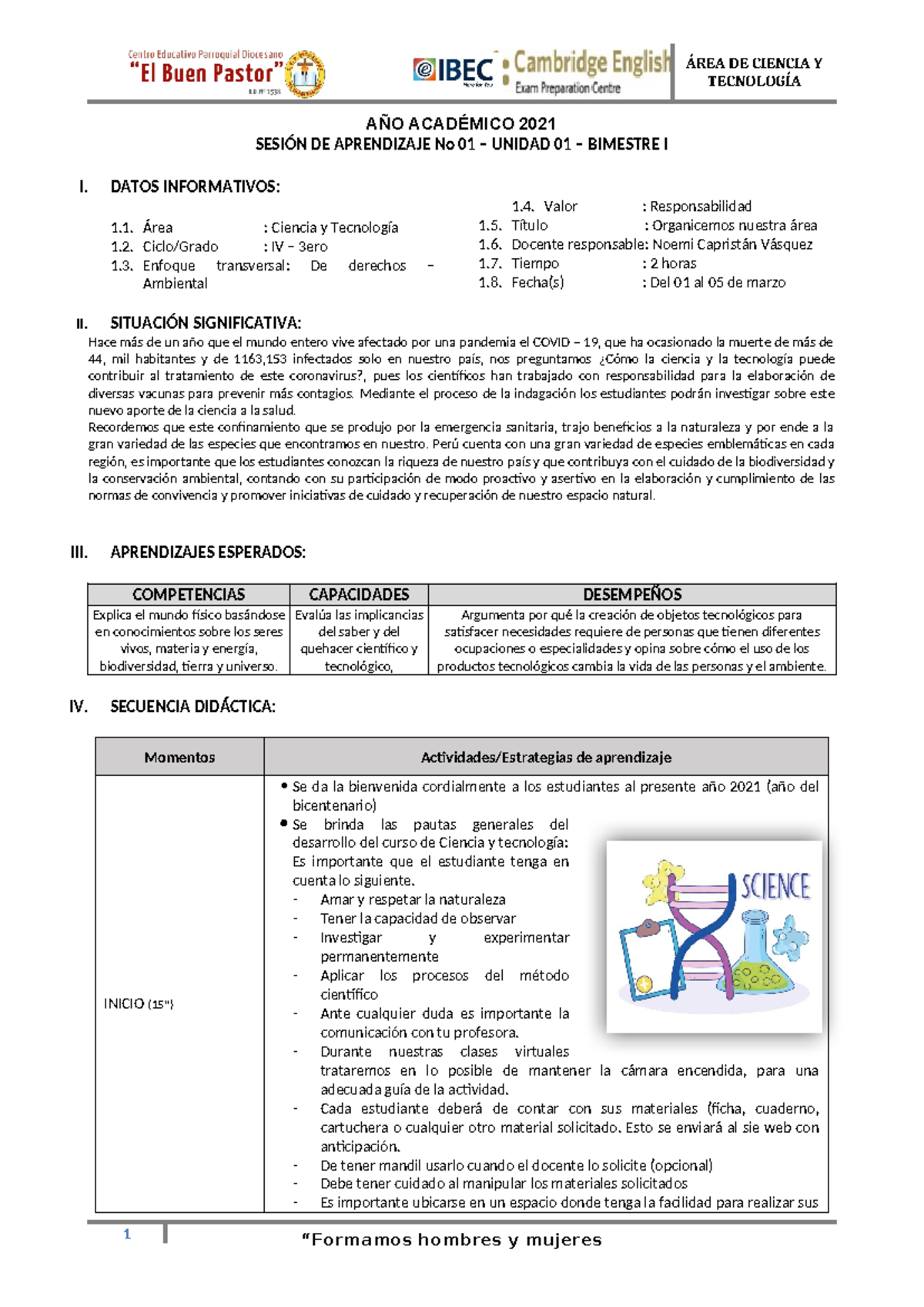 SAS CT SEM 1 - varios - “Formamos hombres y mujeres para la vida” ÁREA ...