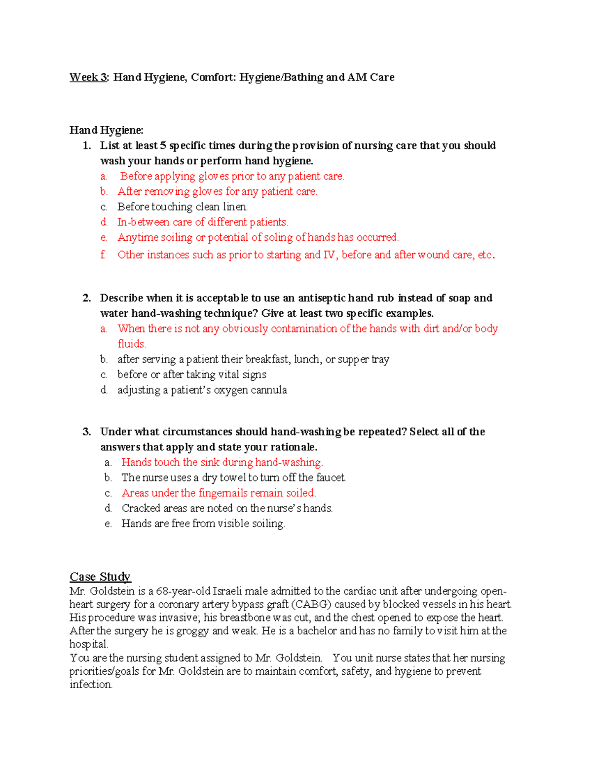 Week 3 prelab assignment answers Comfort Hygiene Handwashing - Week 3 ...