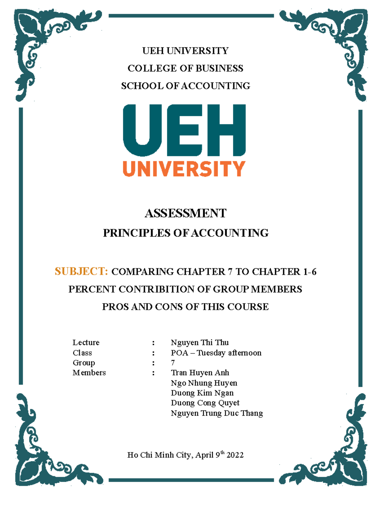 Assessment-POA - Homework - UEH UNIVERSITY COLLEGE OF BUSINESS SCHOOL ...