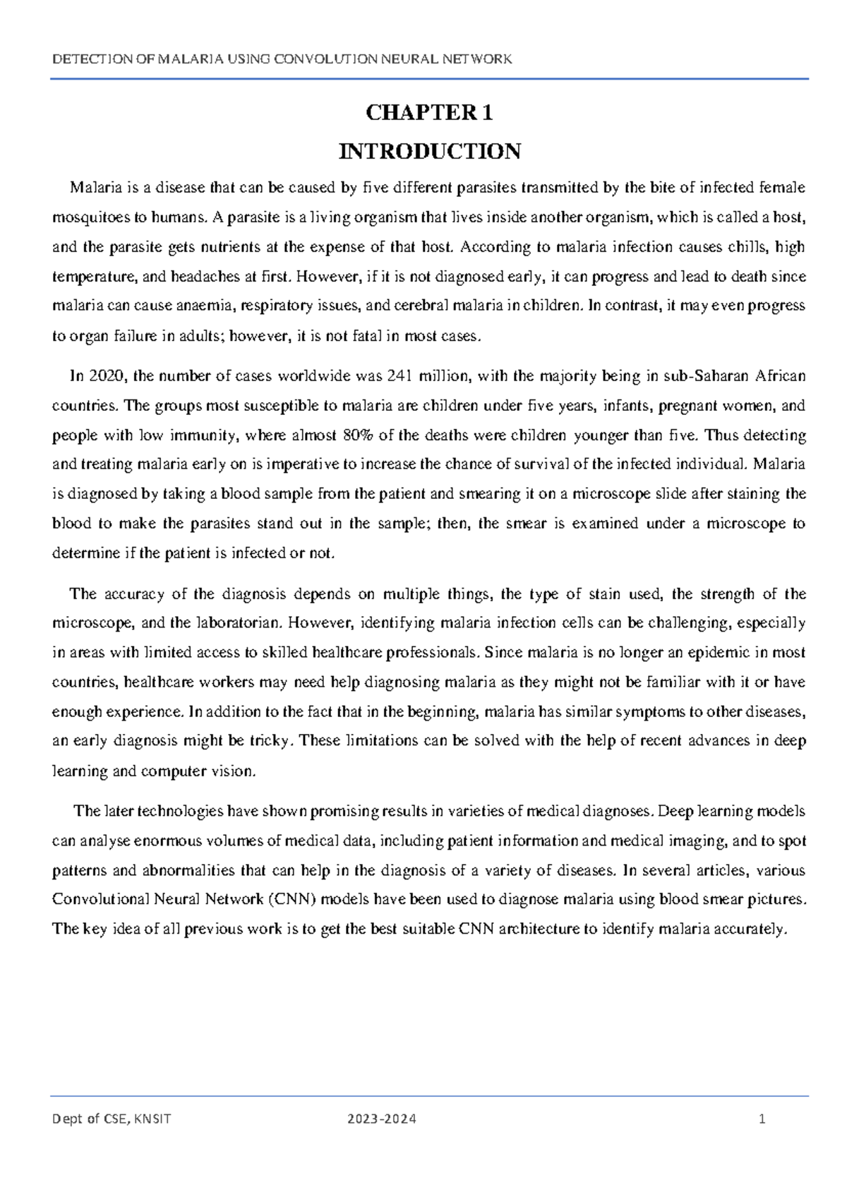 Malaria phase 1 report - CHAPTER 1 INTRODUCTION Malaria is a disease ...