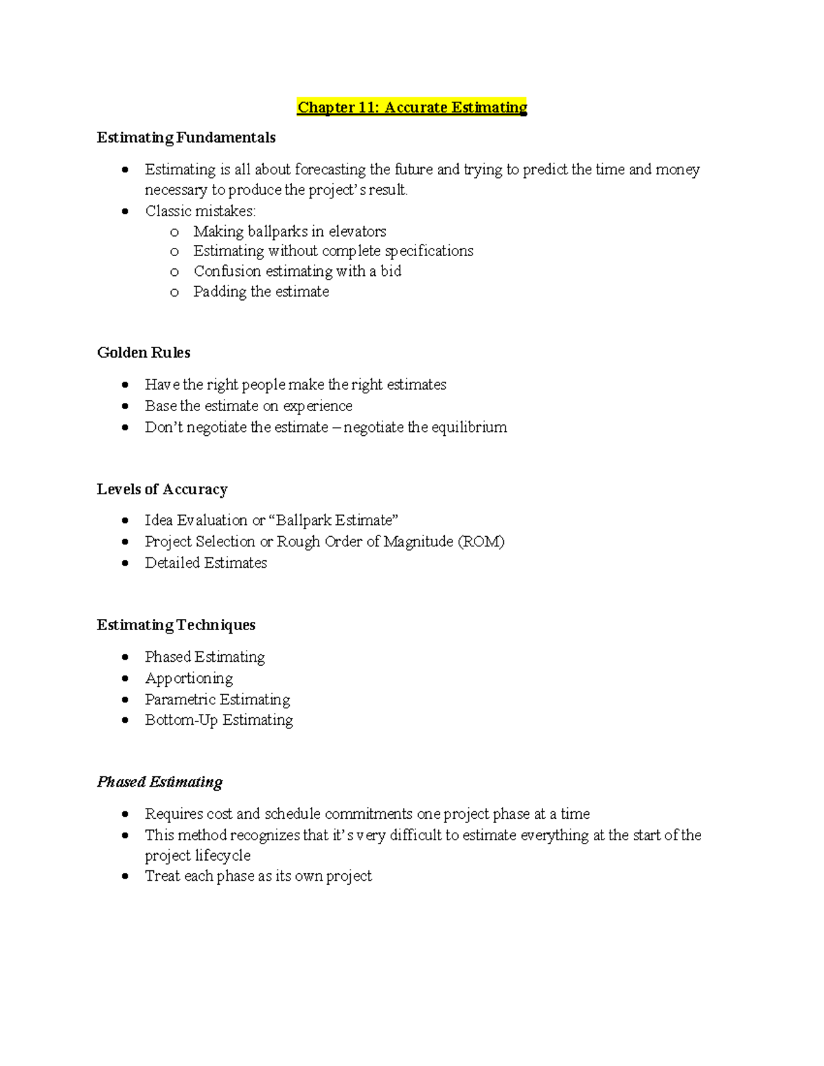 Chapter 11 notes - Chapter 11: Accurate Estimating Estimating ...