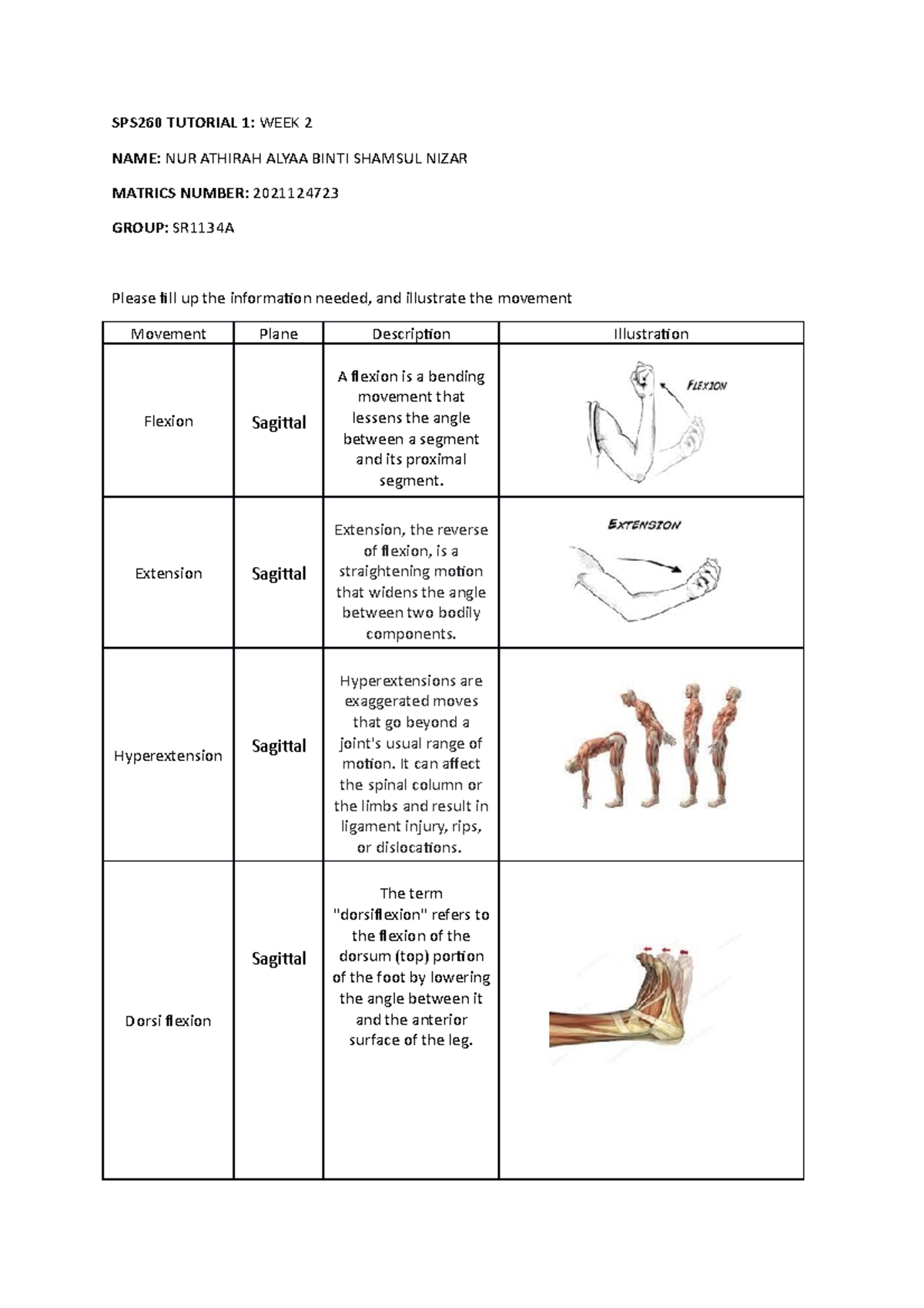 Tutorial WEEK 2 - biomechanics - SPS260 TUTORIAL 1: WEEK 2 NAME: NUR ...