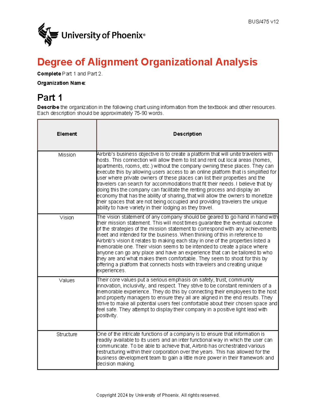 Degree of Alignment Organizational Analysis - BUS/475 v Degree of Alignment Organizational ...