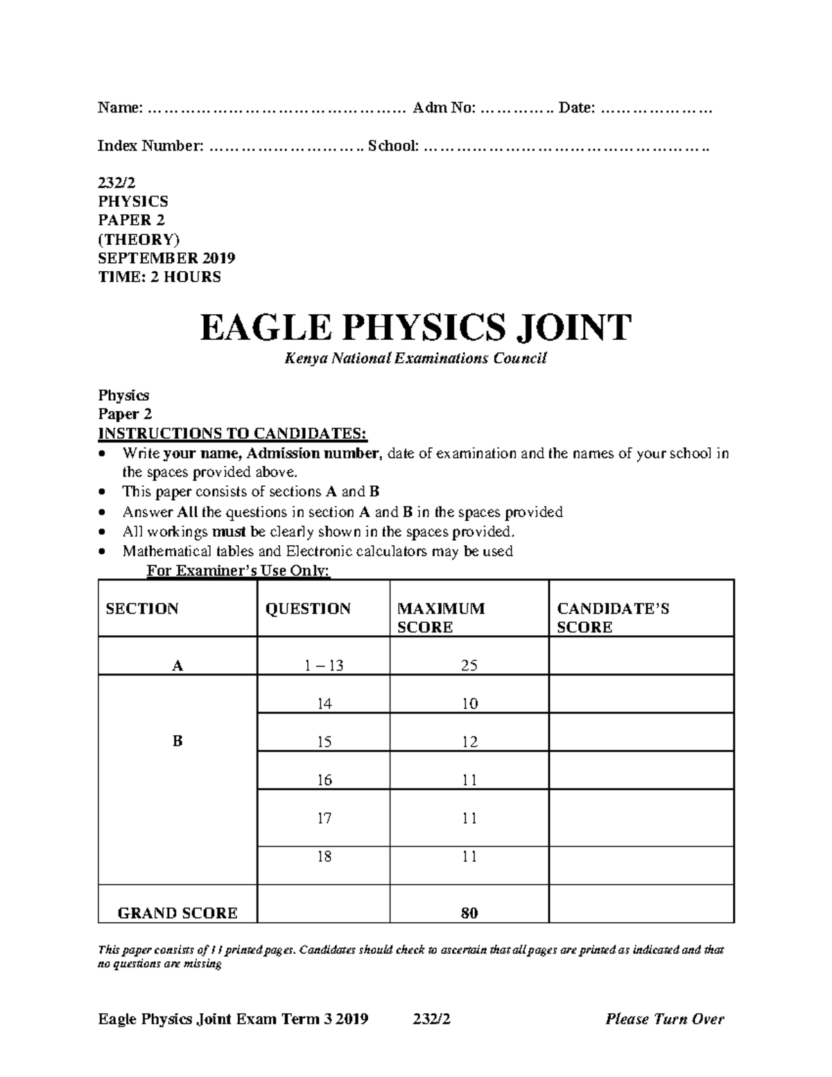 Eagle P2 T3 - ajajjsujja - Eagle Physics Joint Exam Term 3 2019 232/2 ...