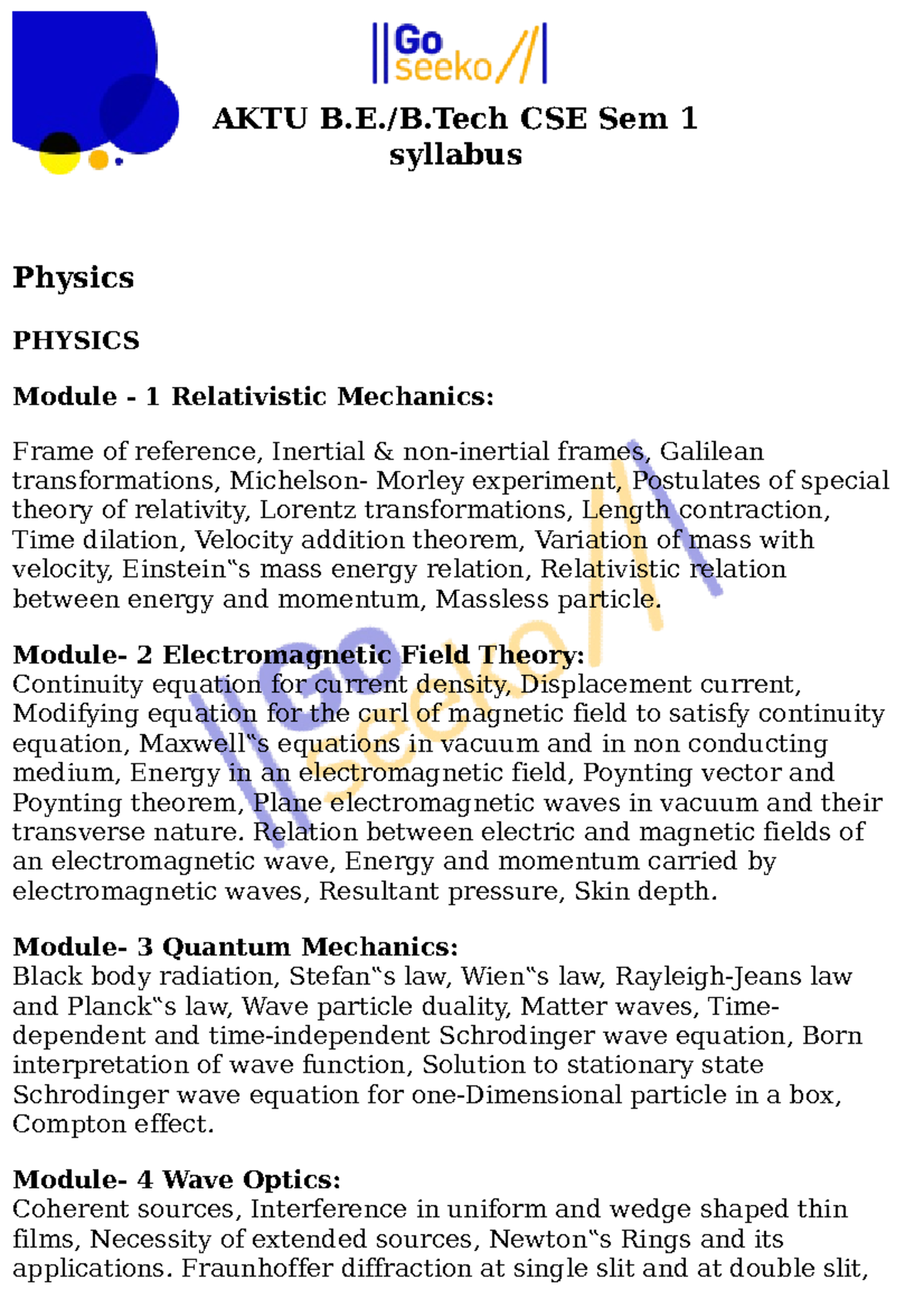 MECH Sem 1 syllabus - T yvyv - AKTU B.E./B CSE Sem 1 syllabus Physics ...