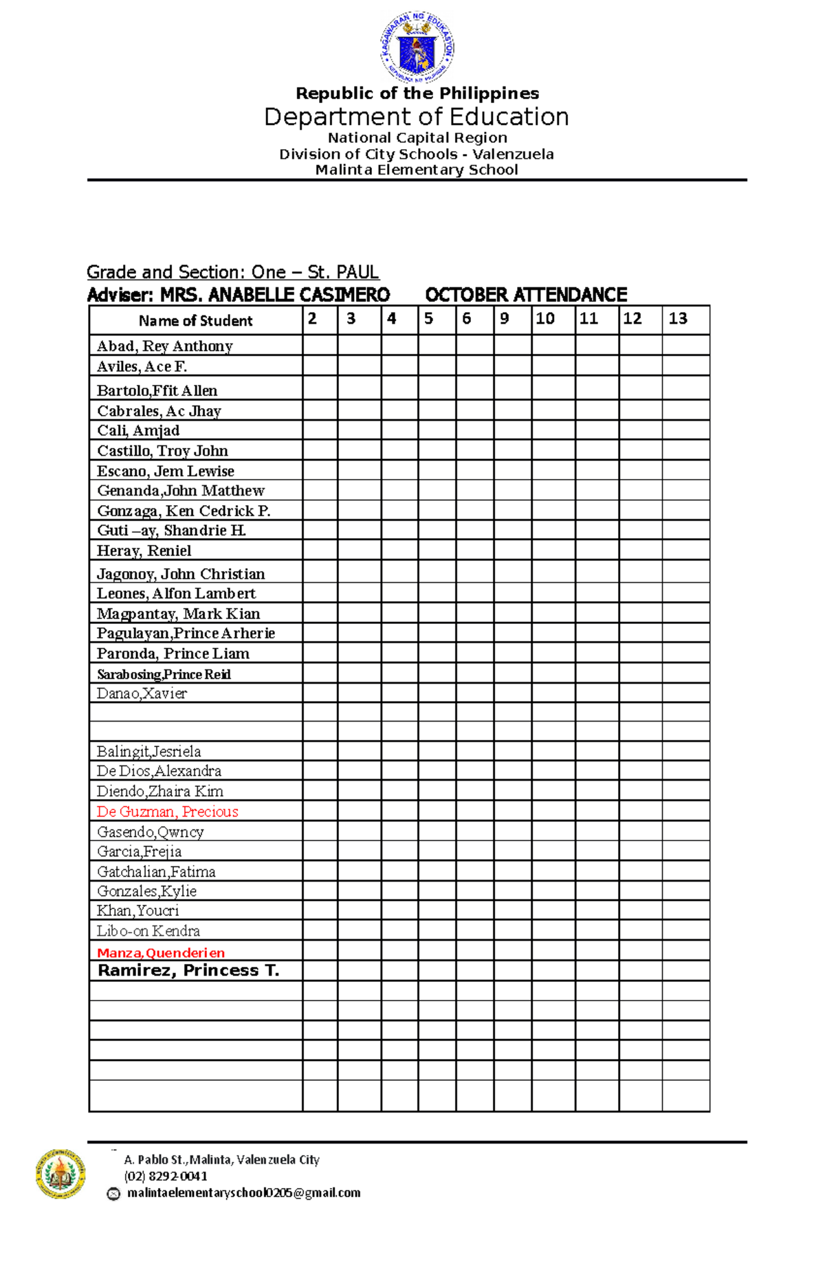 Attendance deped for OCT - Republic of the Philippines Department of ...
