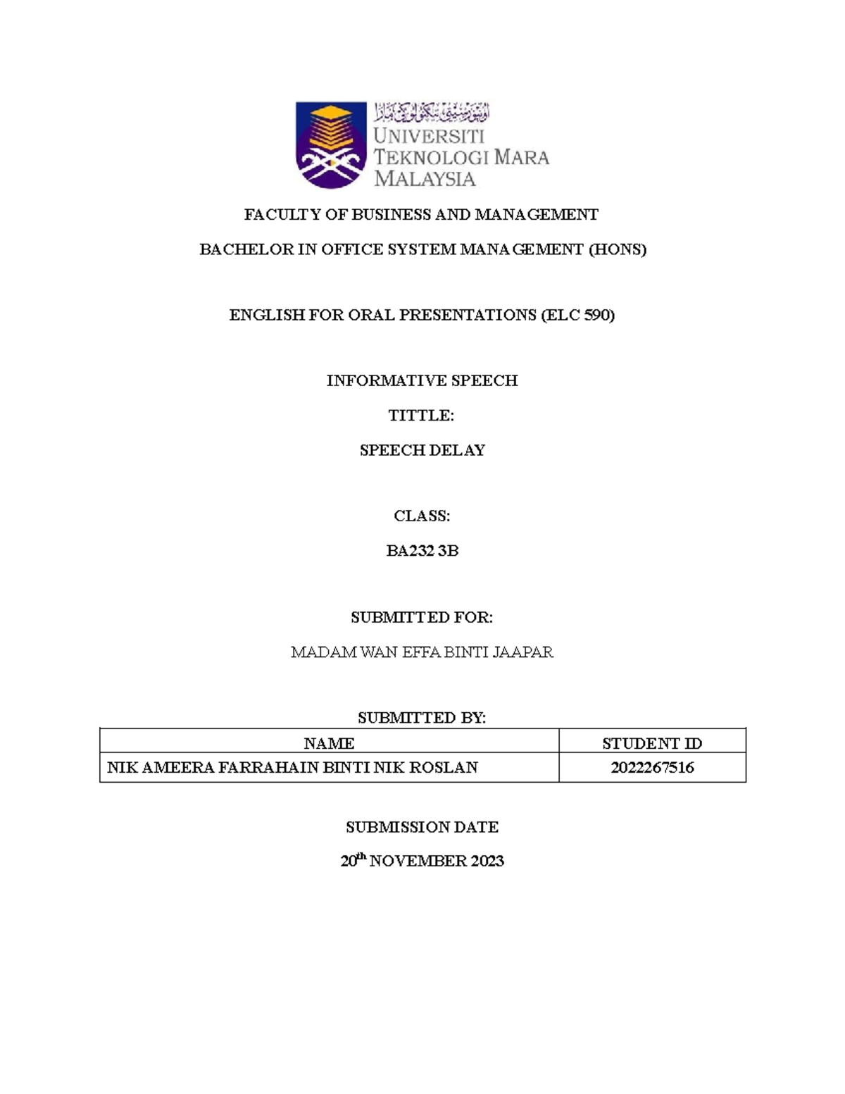 Outline ELC590 - FACULTY OF BUSINESS AND MANAGEMENT BACHELOR IN OFFICE ...