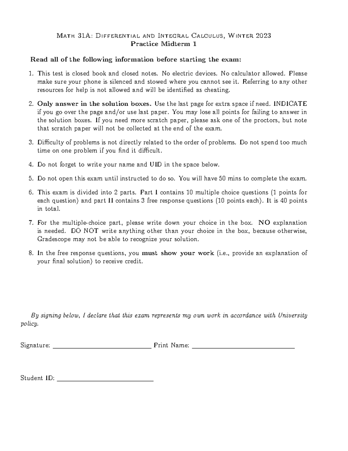 Math31A 2023 Solution to Practice Midterm 1 - Math 31A: Differential and Integral Calculus ...