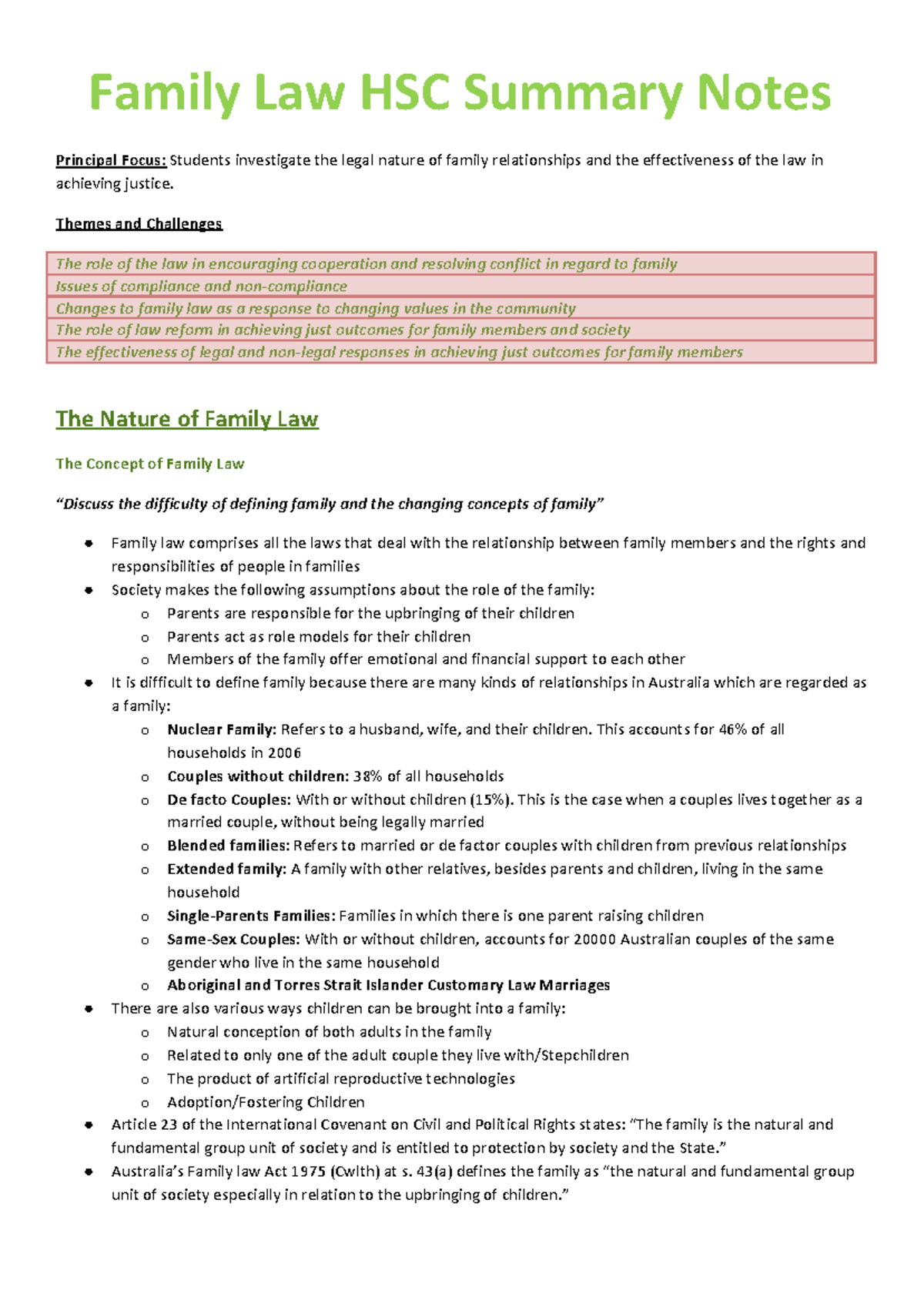 Summarised Notes on Family Law - Family Law HSC Summary Notes Principal ...