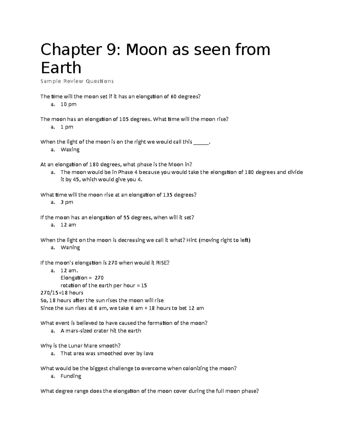 Chapter 9 Sample Questions - Chapter 9: Moon as seen from Earth Sample ...