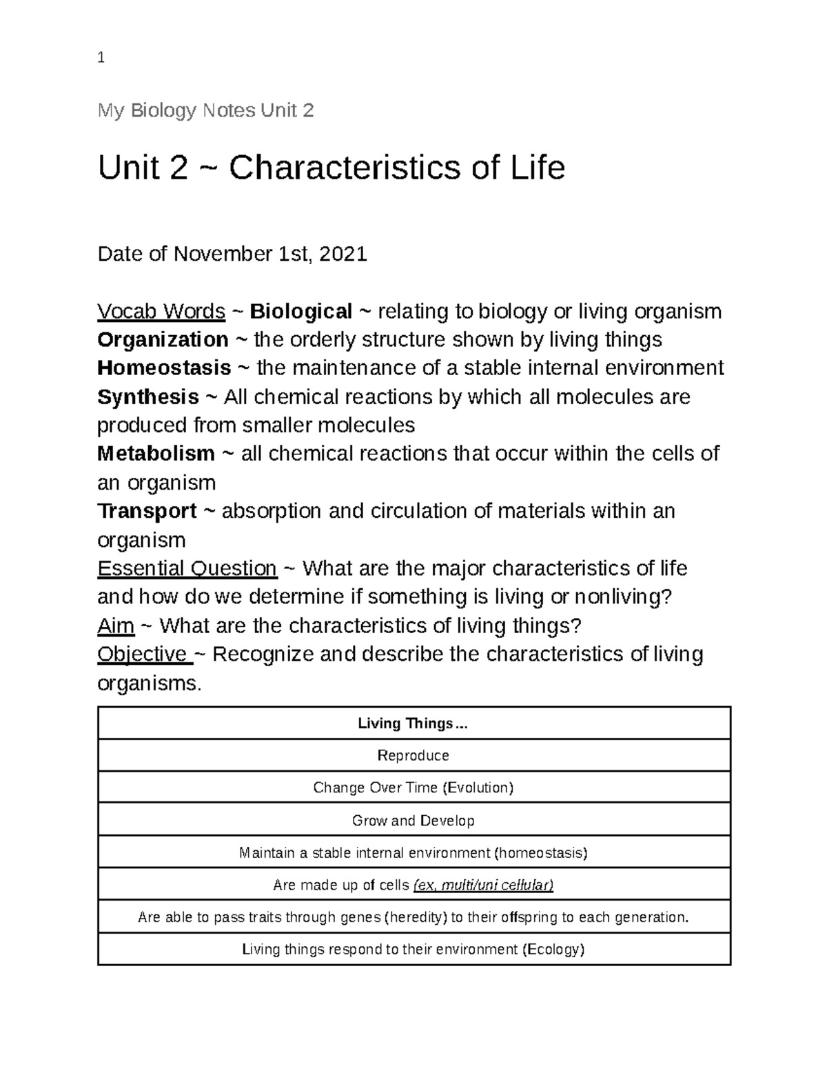 Biology Notes Unit 2 - Living Things... Reproduce Change Over Time ...