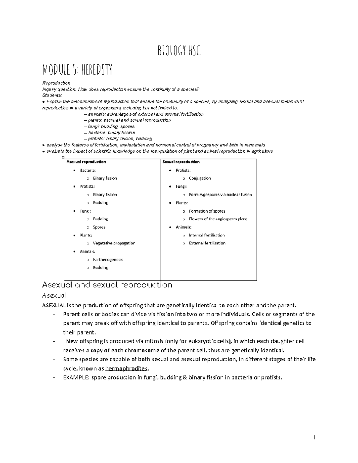Biology Notes 2021 - BIOLOGY HSC MODULE 5: HEREDITY Reproduction ...
