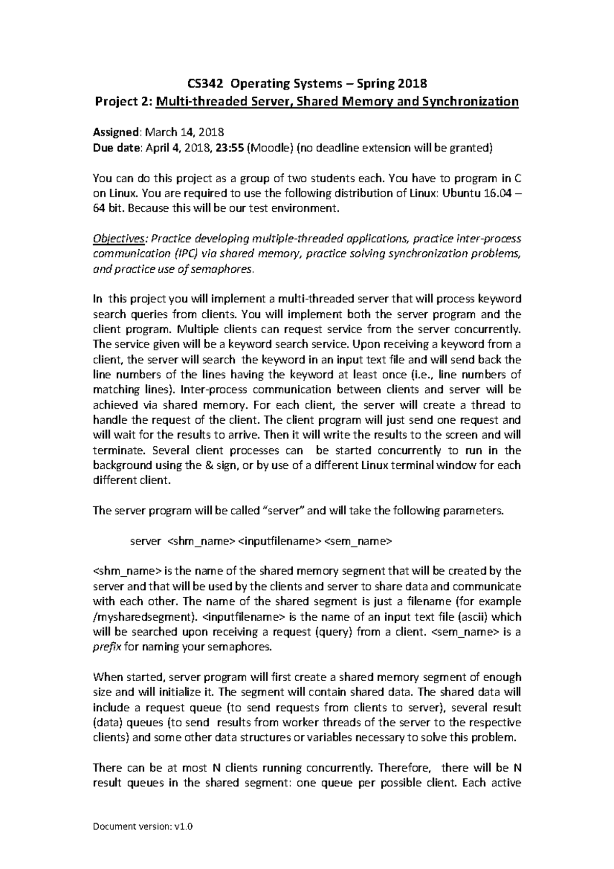 Bilkent CS Operating Systems Project 2 - Document version: v1. CS342 Operating Systems – Spring ...