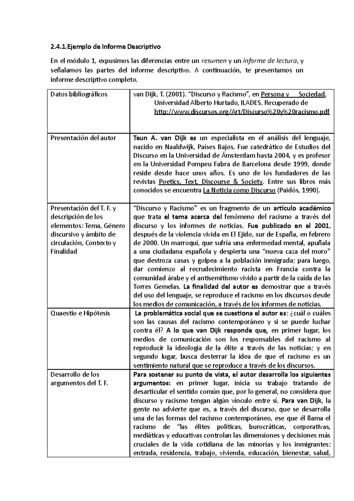 Ejemplo de Informe Descriptivo sobre fragmento de van Dijk - 2.4.1 de ...