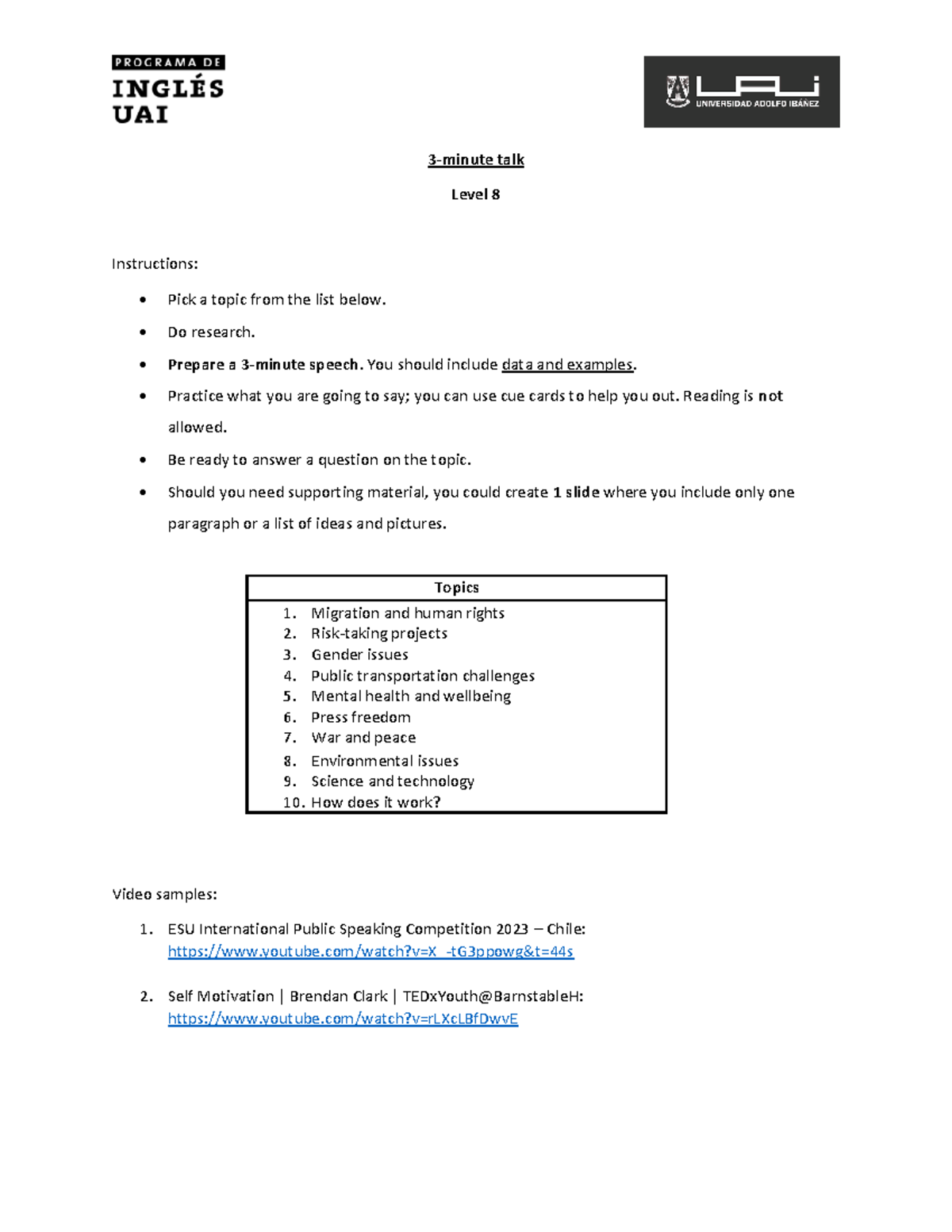 3-minute talk - Instructions (Inglés 8) - 3 - minute talk Level 8 ...