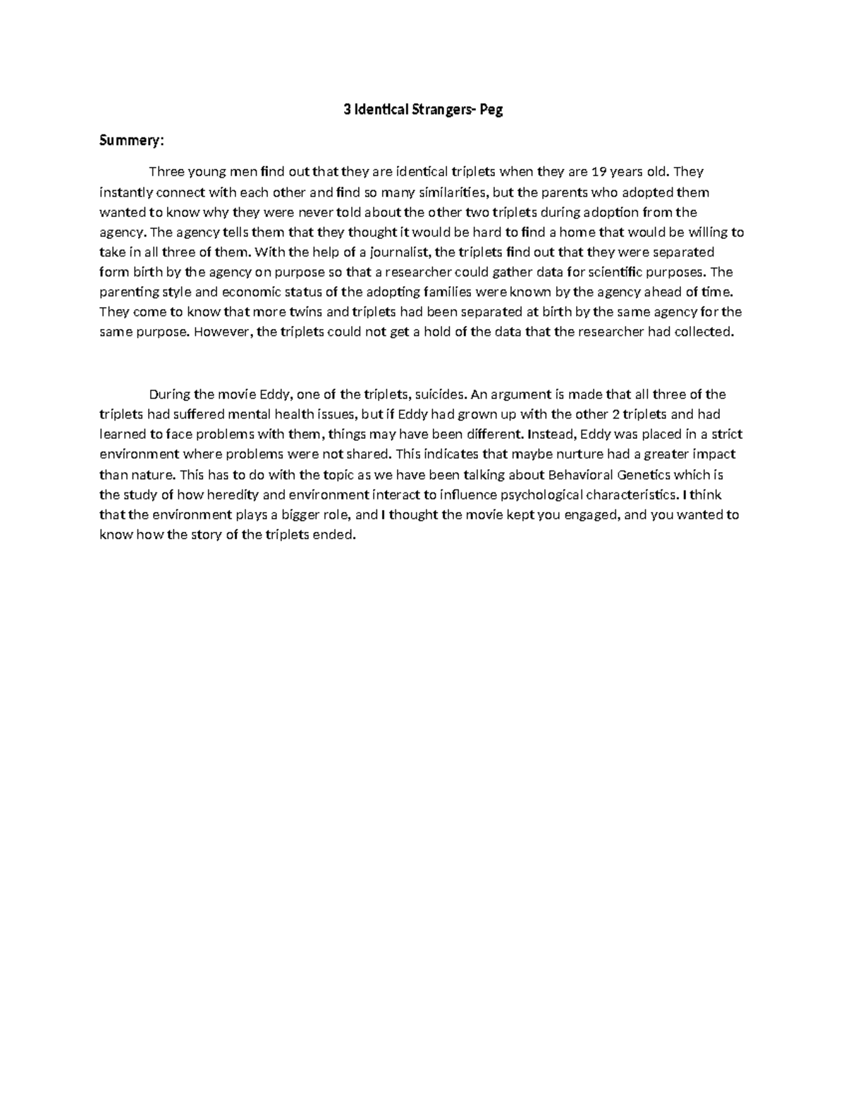 Behavioral Genetics in 3 Identical Strangers - Peg Summary - 3 ...