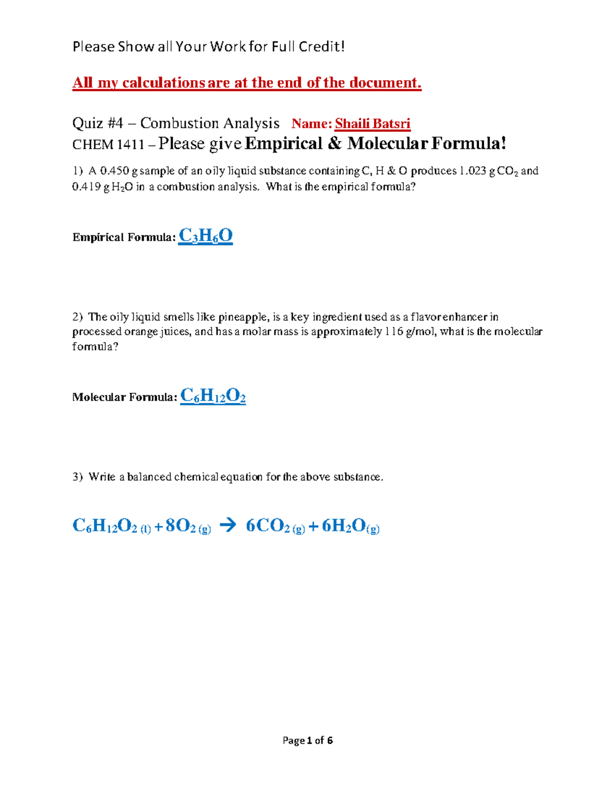 CHEM 1411 - Quiz #4 - Combustion Analysis - All my calculations are at ...