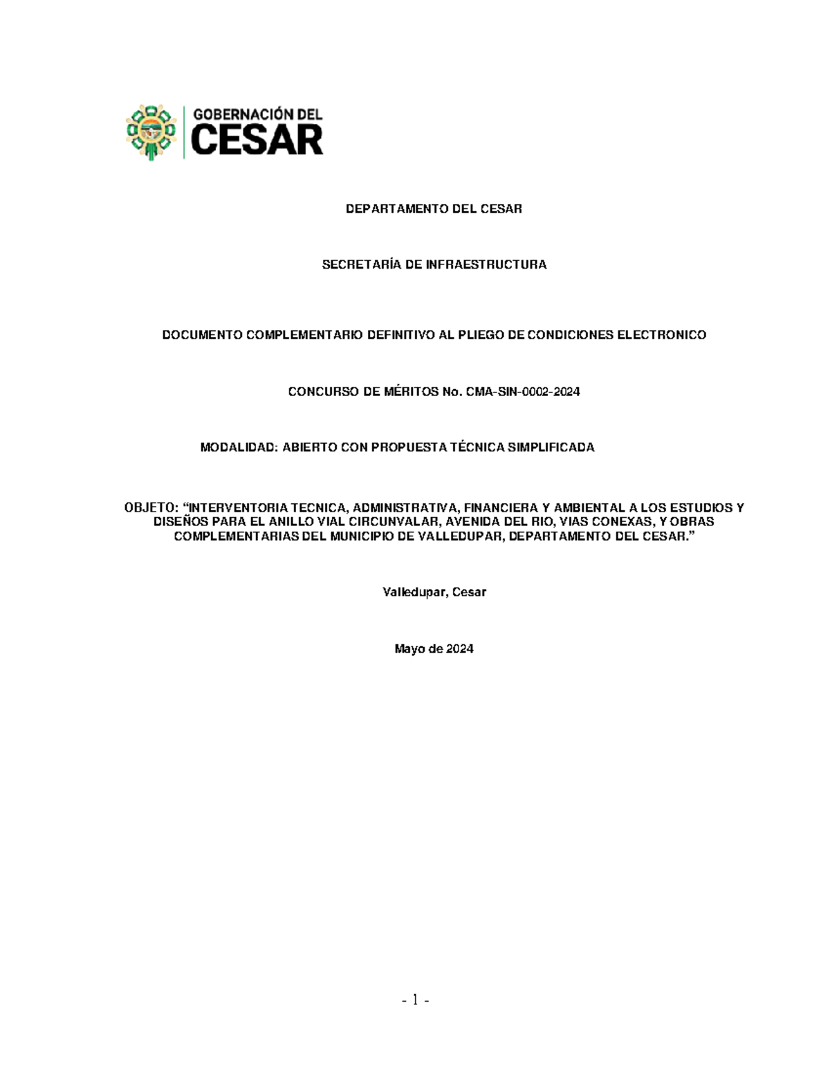 Documento Complementario Definitivo - DEPARTAMENTO DEL CESAR SECRETARÍA DE INFRAESTRUCTURA ...