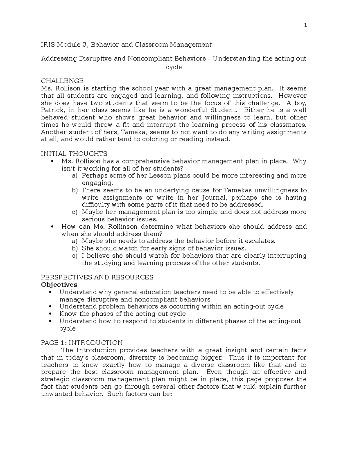 Answers for module on acting out cycle - IRIS Module 3, Behavior and ...