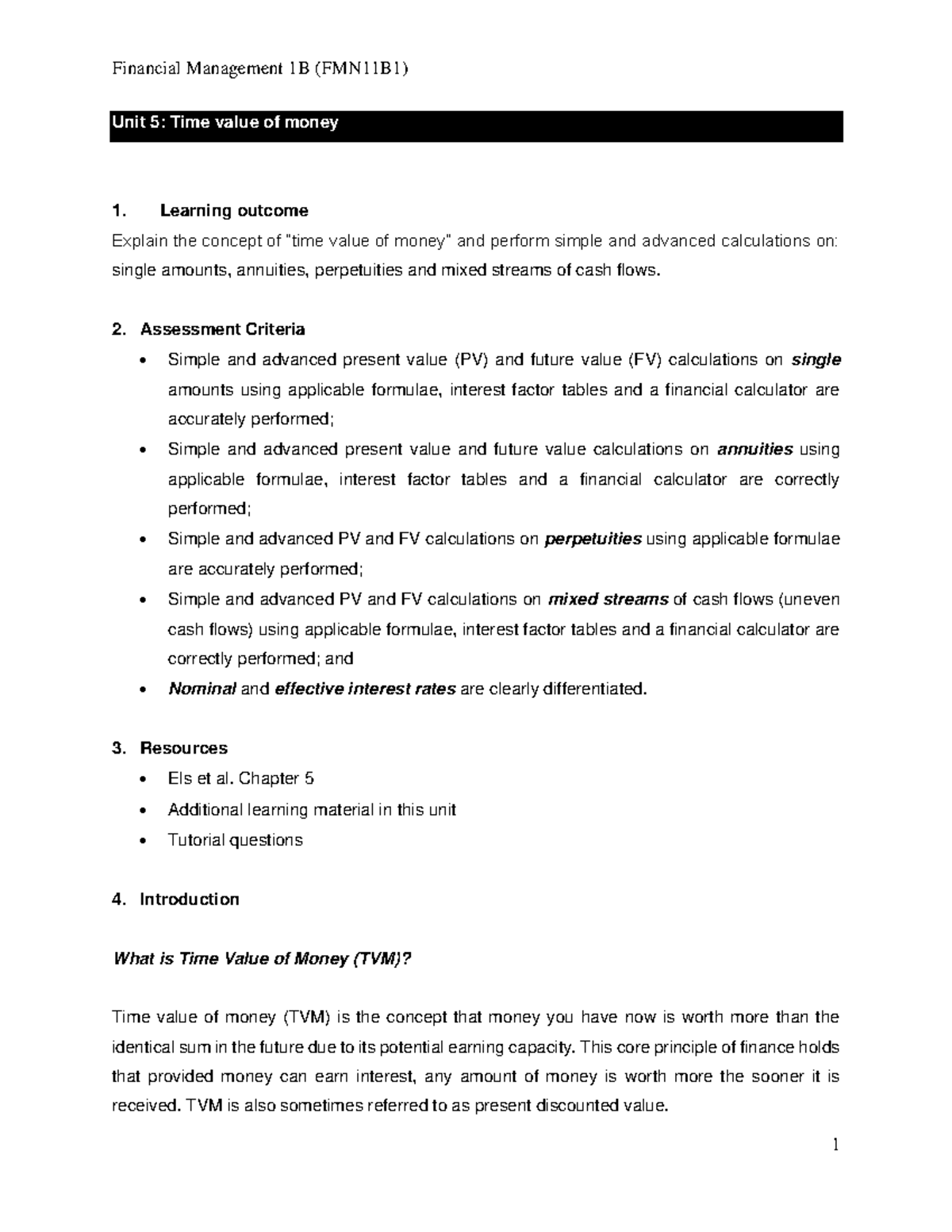 Unit 5 Learner Guide 2024 - Unit 5 : Time value of money Learning ...