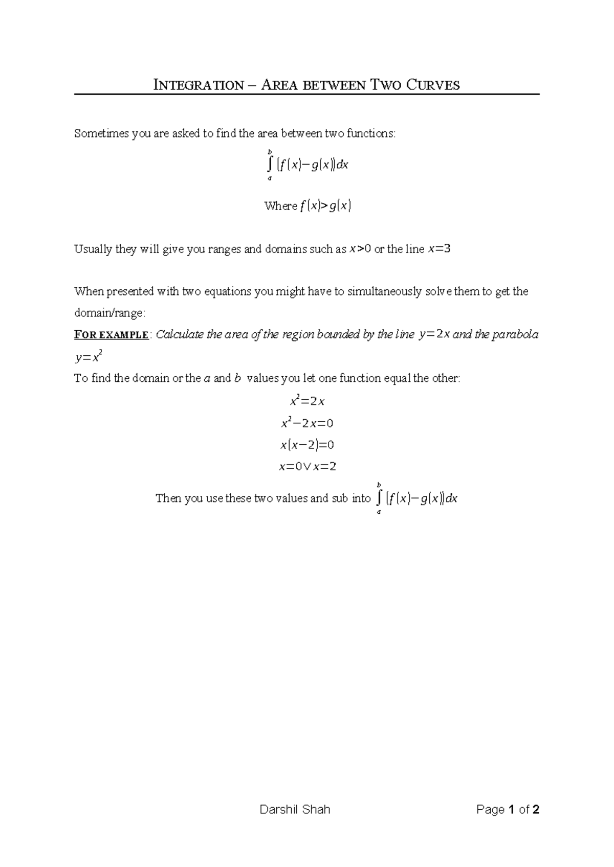 Maths 2 Unit Notes - Integration - Area between 2 curves - INTEGRATION ...