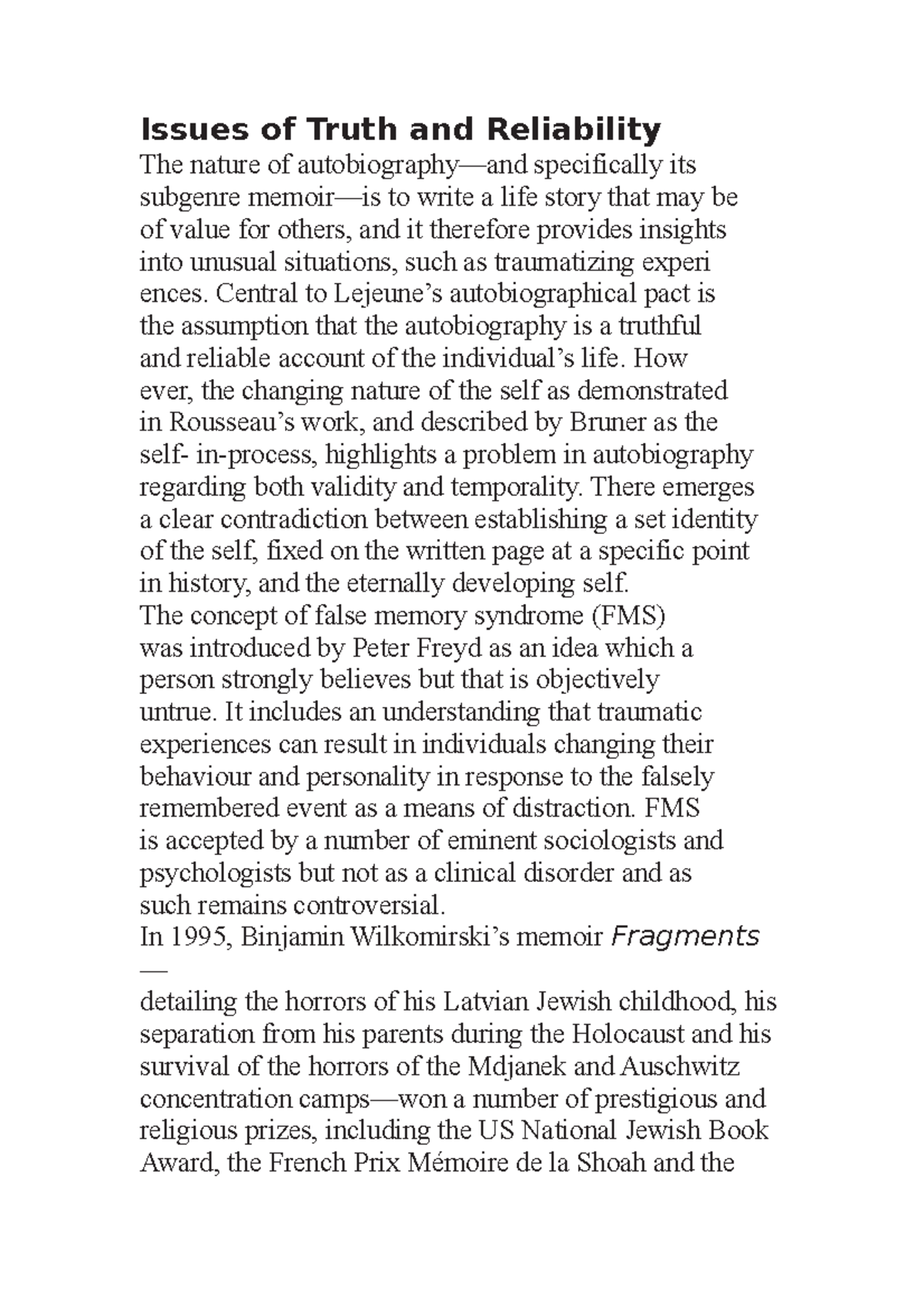 Issues of Truth and Reliability - Central to Lejeune’s autobiographical ...