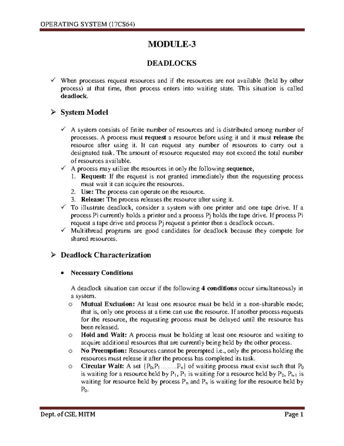 17CS64 Module 3 - Notes on deadlock - MODULE- DEADLOCKS When processes ...