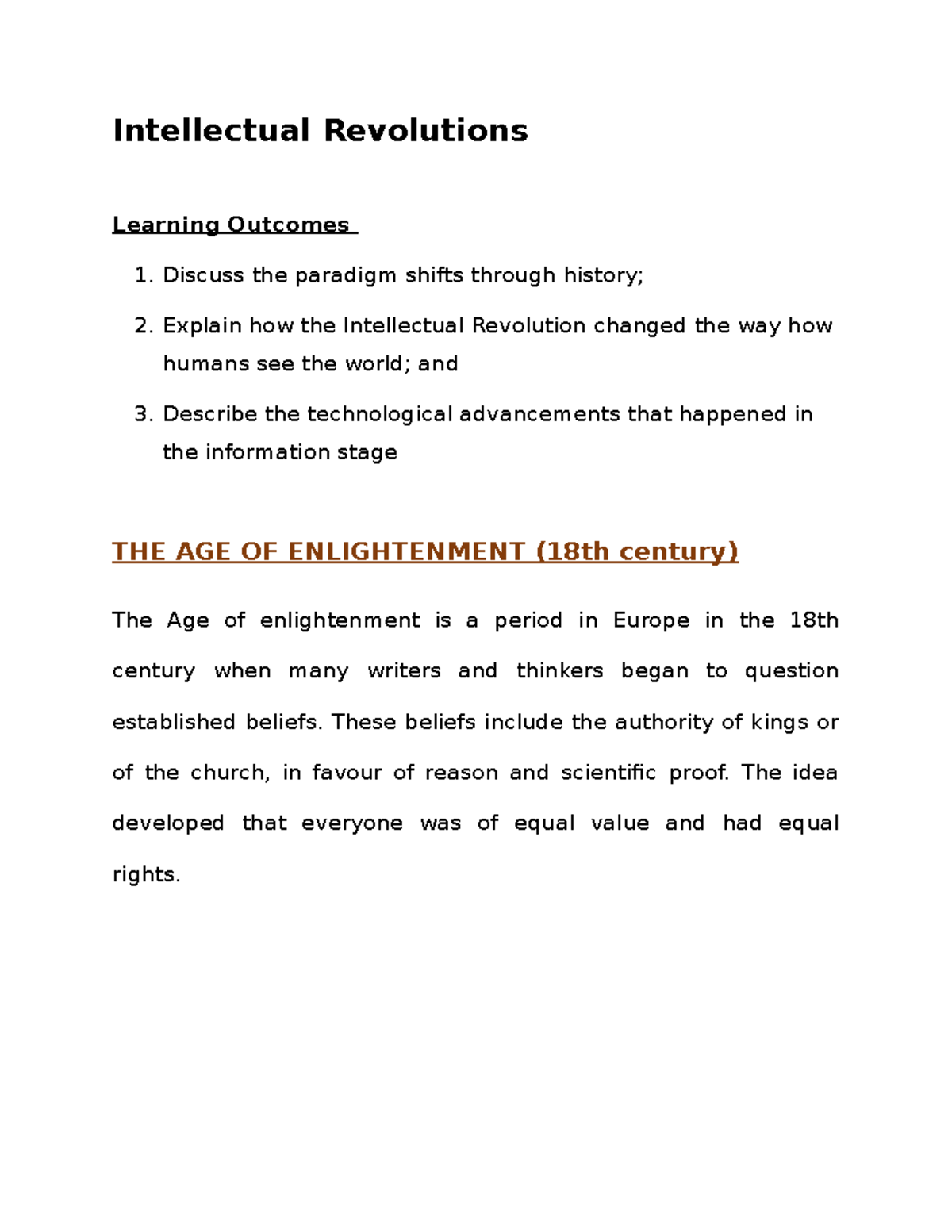 Intellectual Revolutions - Intellectual Revolutions Learning Outcomes 1 ...