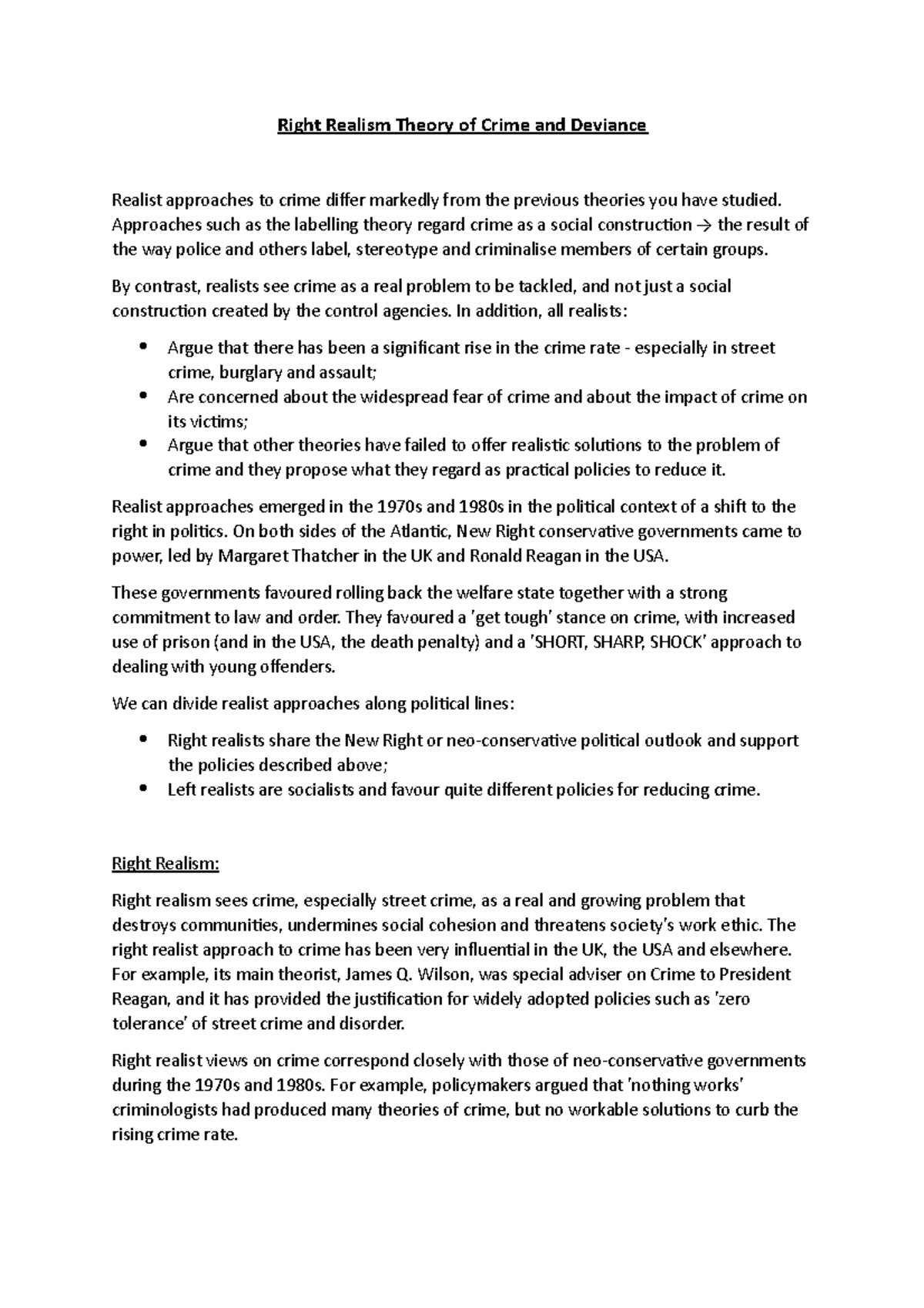 Right Realism Theory of Crime and Deviance - Approaches such as the ...