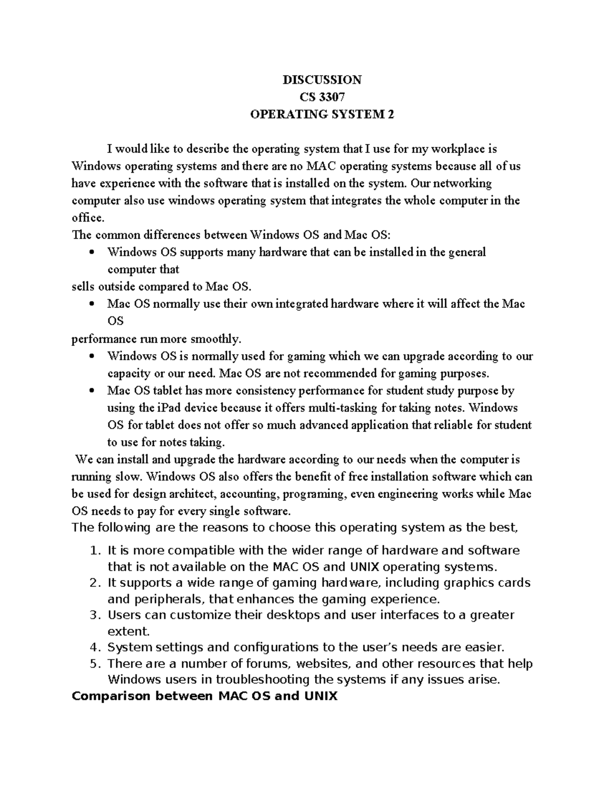 Cs 3307 Operating System 2 Unit 1 Dis Discussion Cs 3307 Operating System 2 I Would Like To