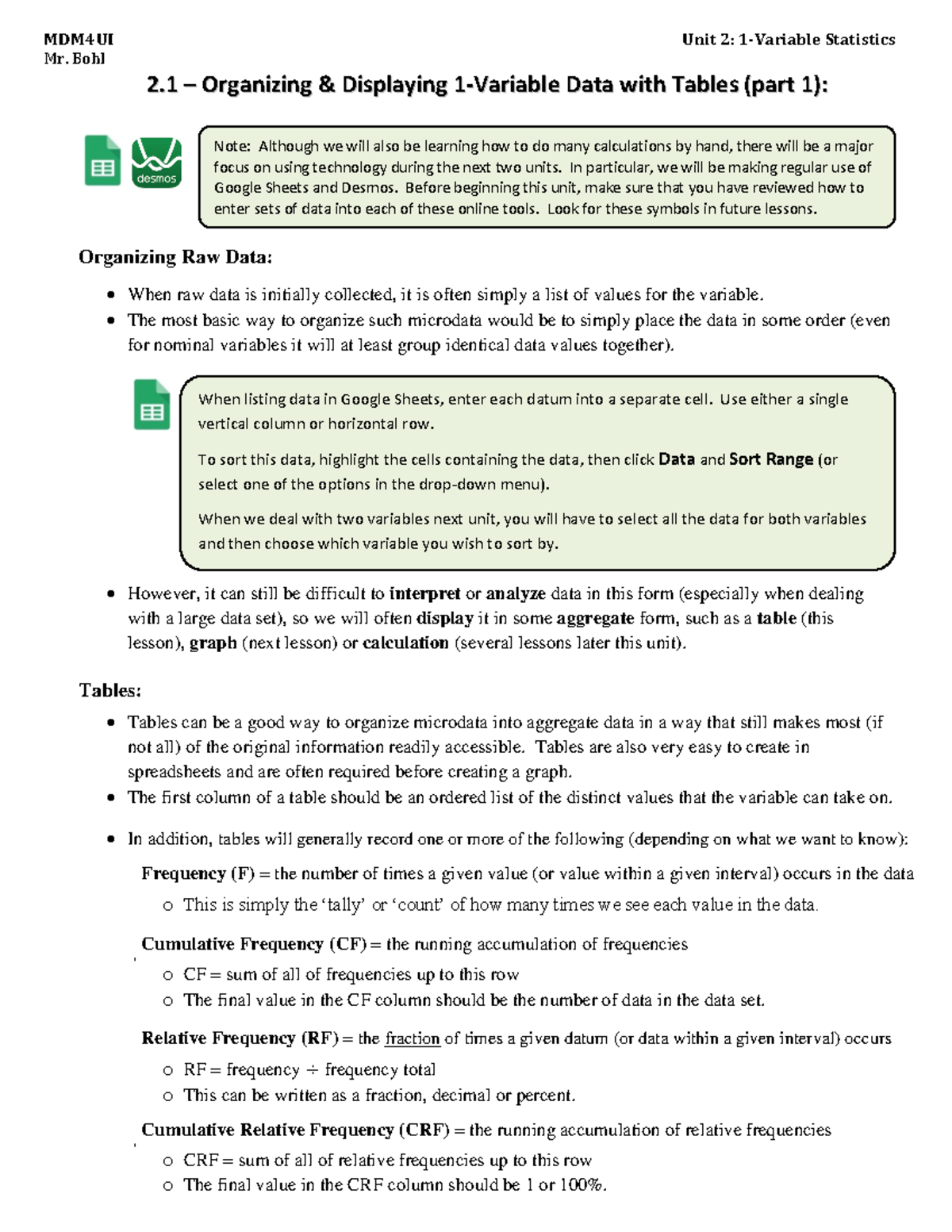 2.1 - Displaying 1-Variable Data with Tables (part 1) - filled in ...
