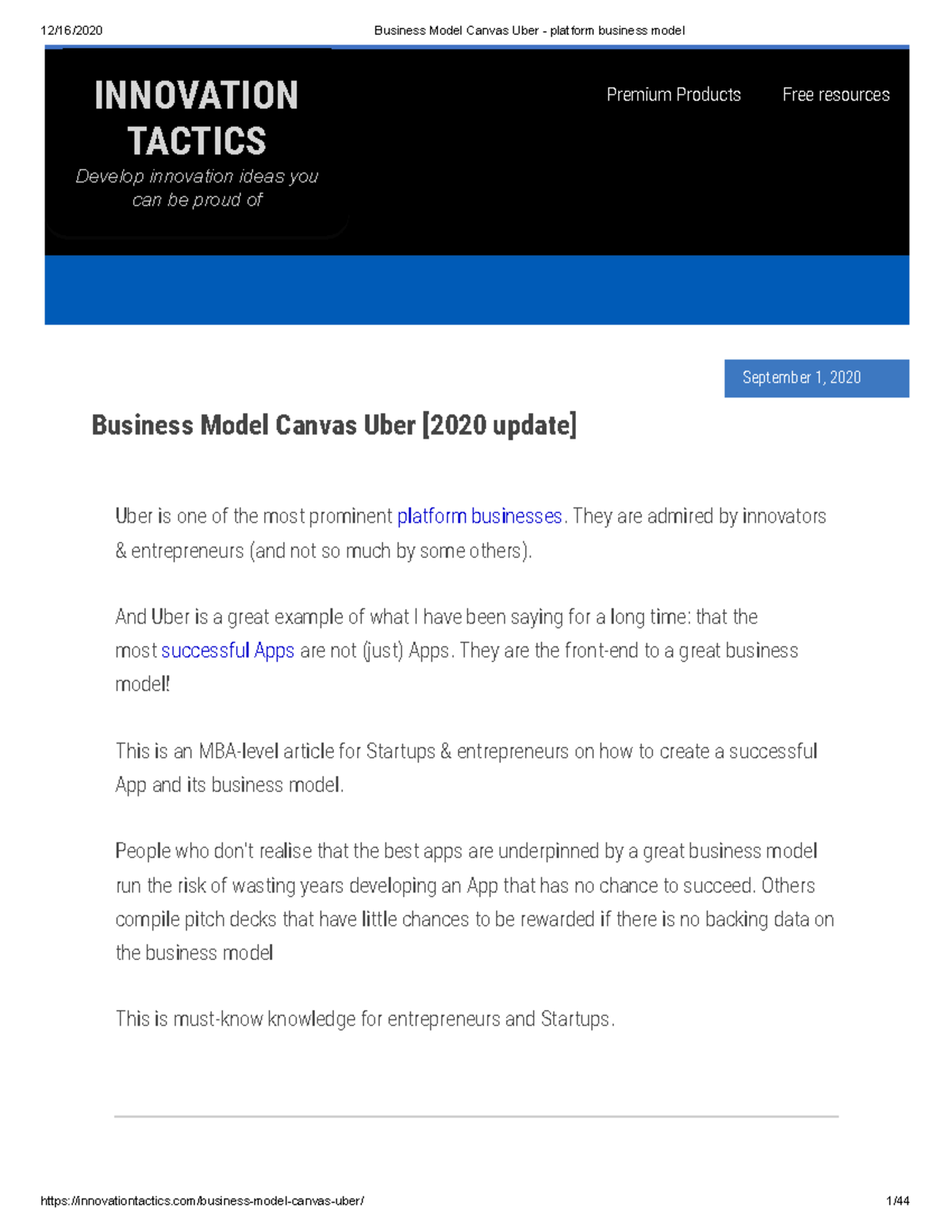 Business Model Canvas Uber - platform business model - September 1 ...
