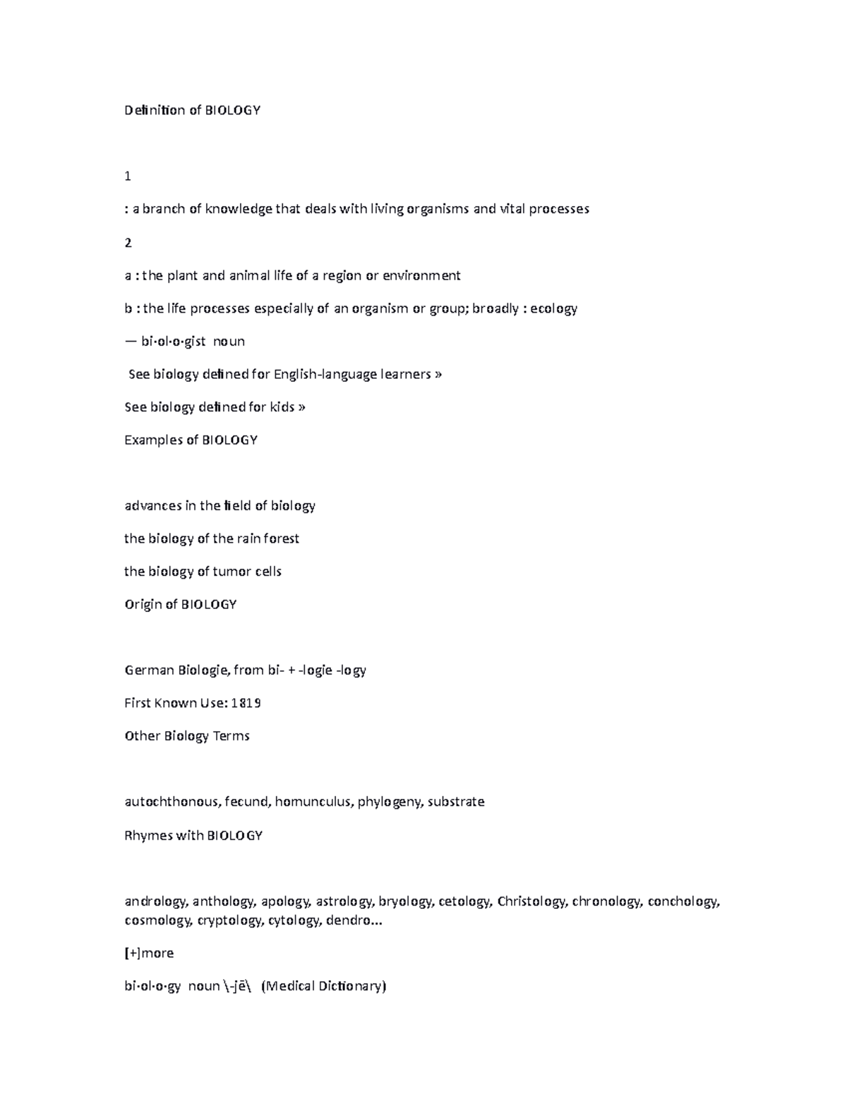 Biology 7 - Lecture notes - Definition of BIOLOGY 1 : a branch of ...