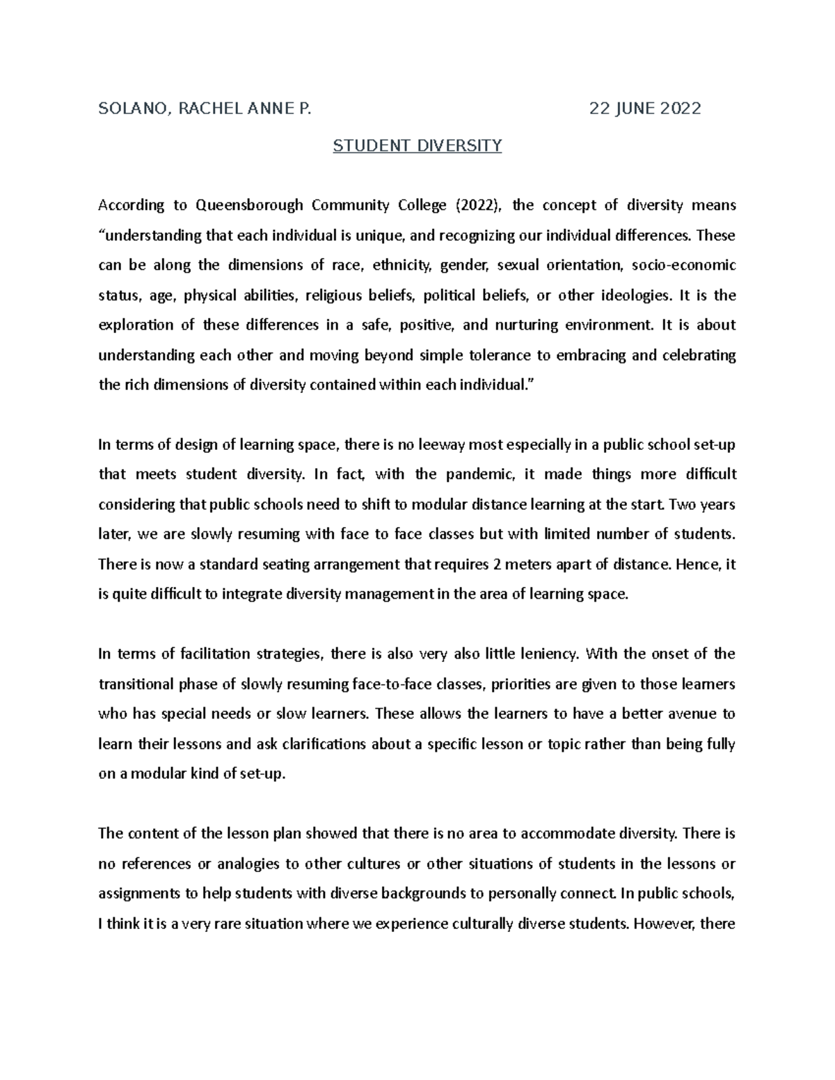 Reflection - Student Diversity - SOLANO, RACHEL ANNE P. 22 JUNE 2022 ...